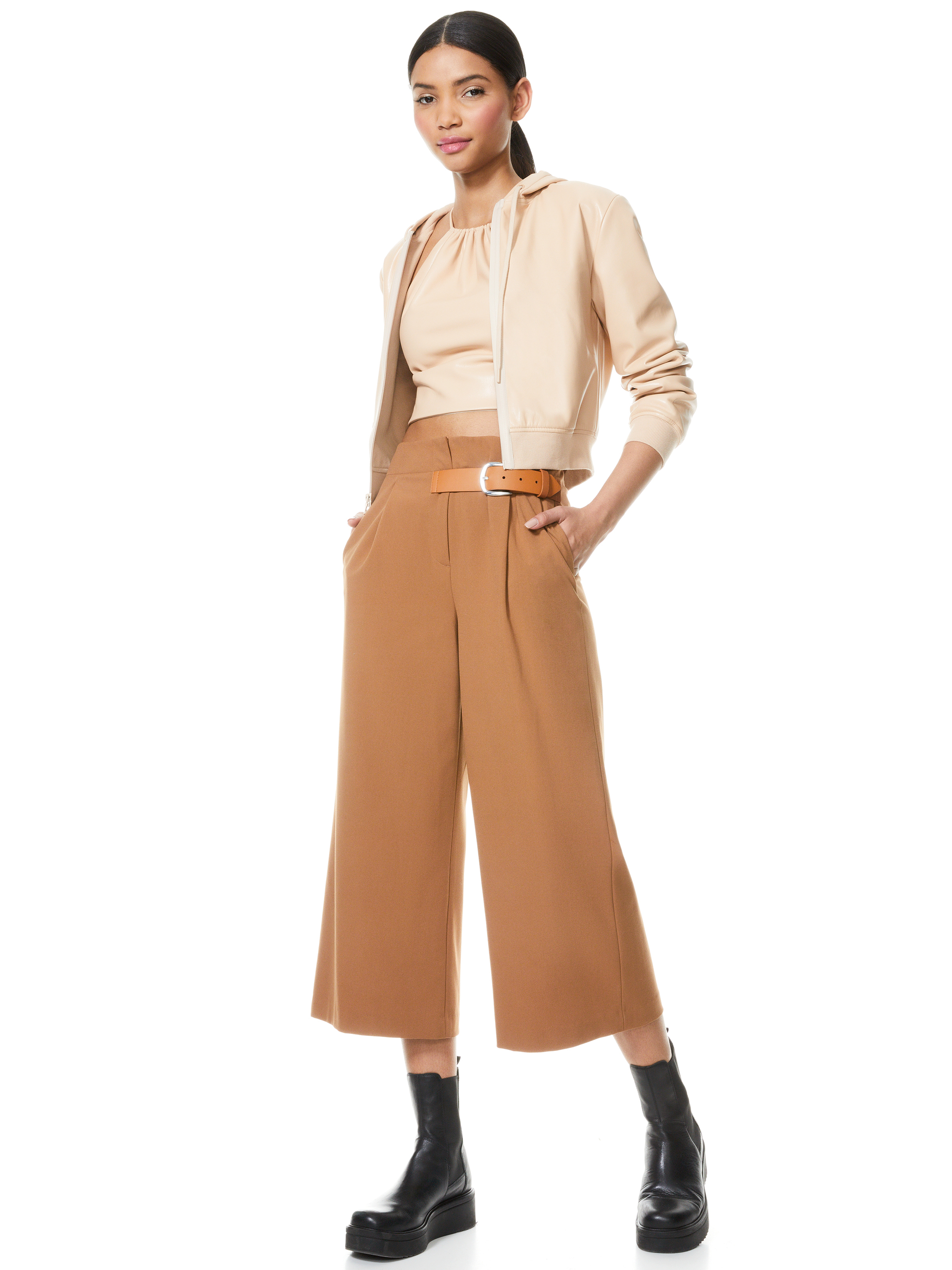 Janae Vegan Leather Hoodie In Almond | Alice + Olivia