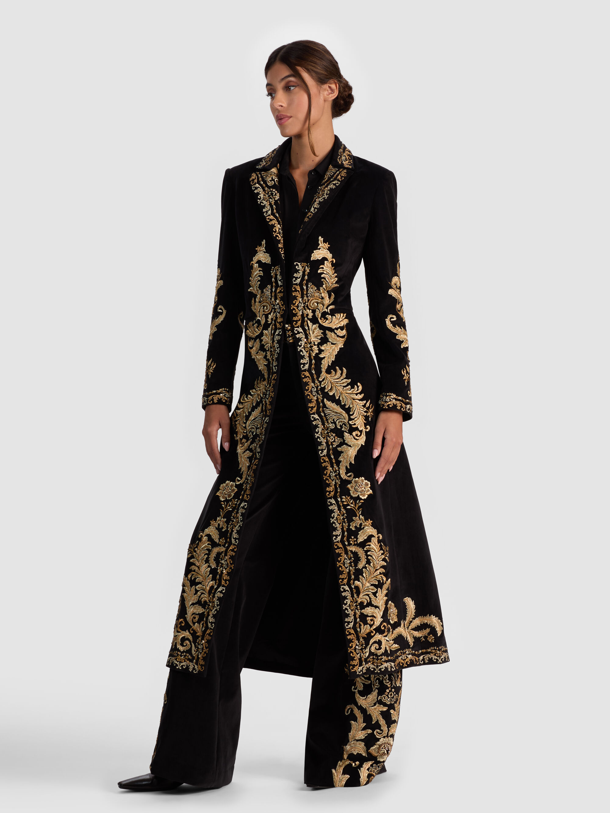 MACEY EMBROIDERED VELVET COAT in BLACK/GOLD | ALICE + OLIVIA