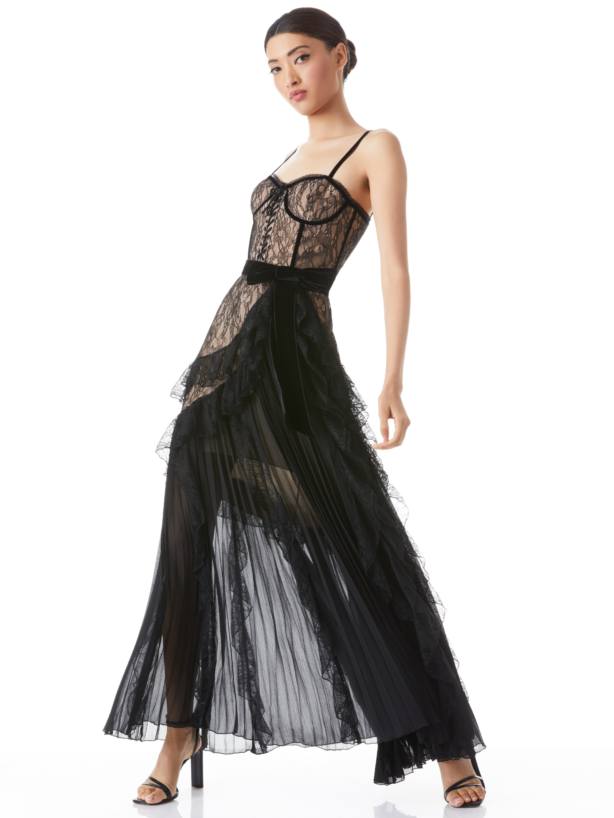 Chantil Lace Ruffle Gown In Black/almond | Alice + Olivia