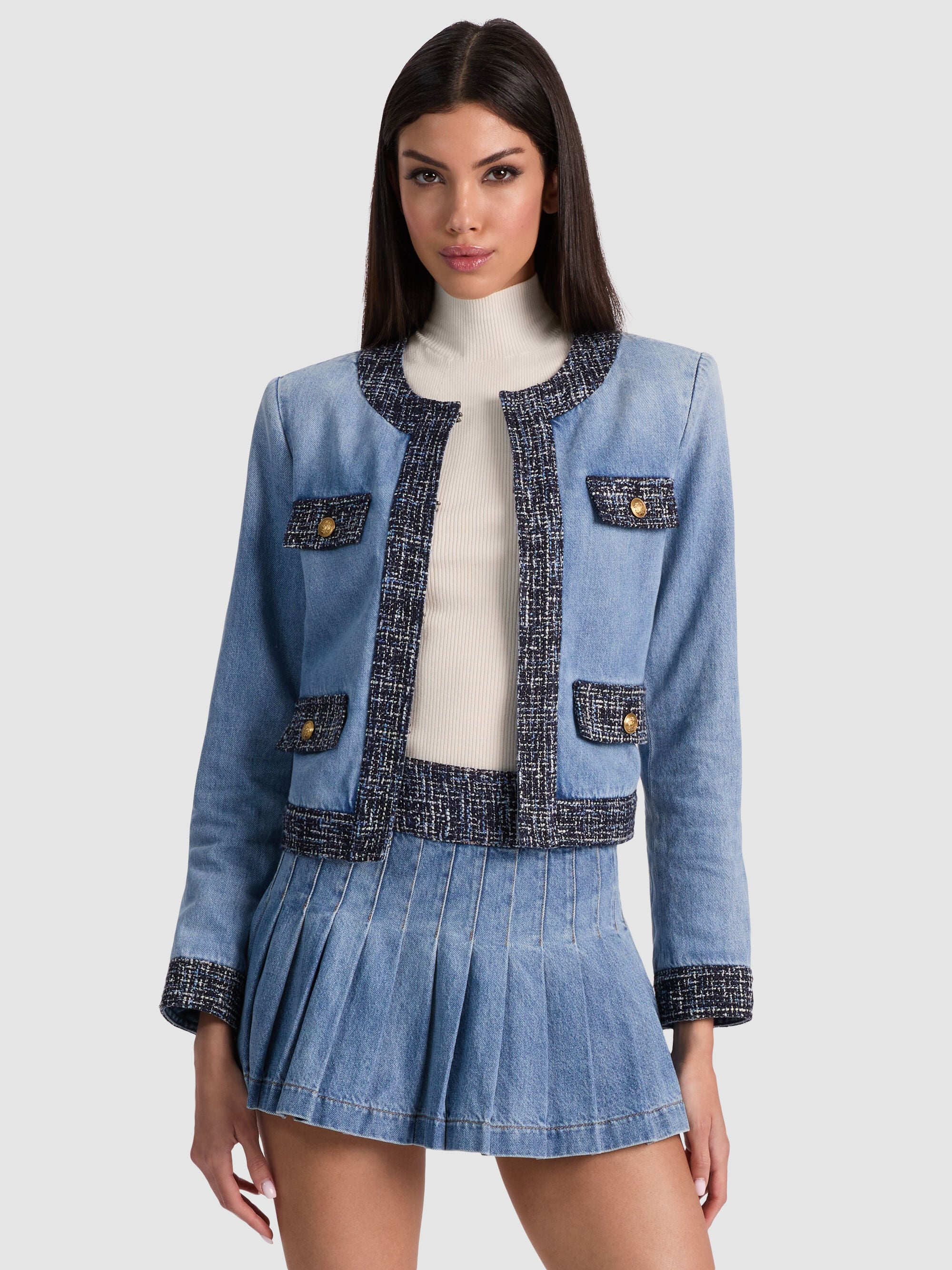 LANDON CROPPED DENIM JACKET in CELINE VINTAGE | ALICE + OLIVIA