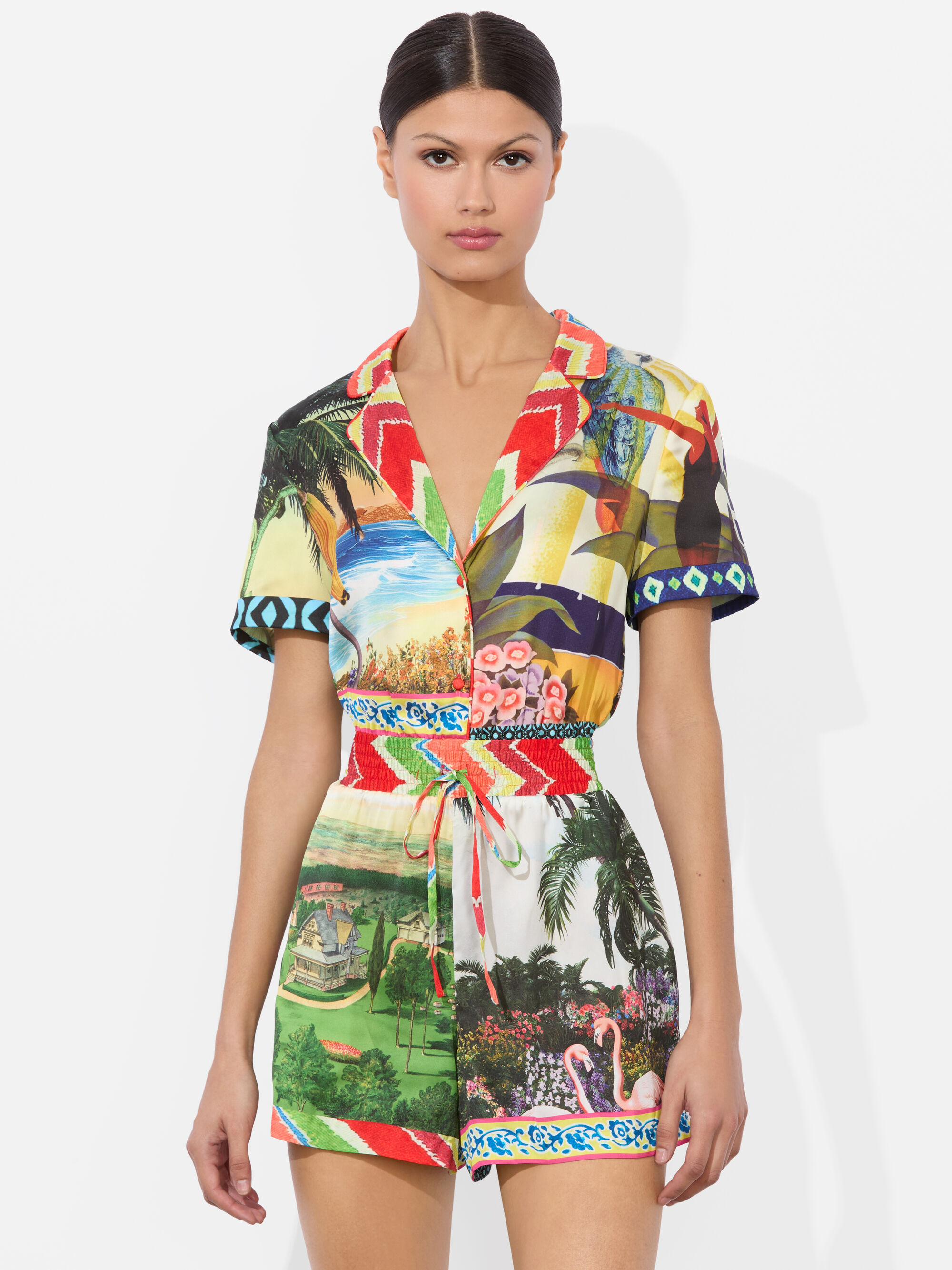 LEIGHTON PAJAMA ROMPER in ISLAND DREAMS MULTI | ALICE + OLIVIA