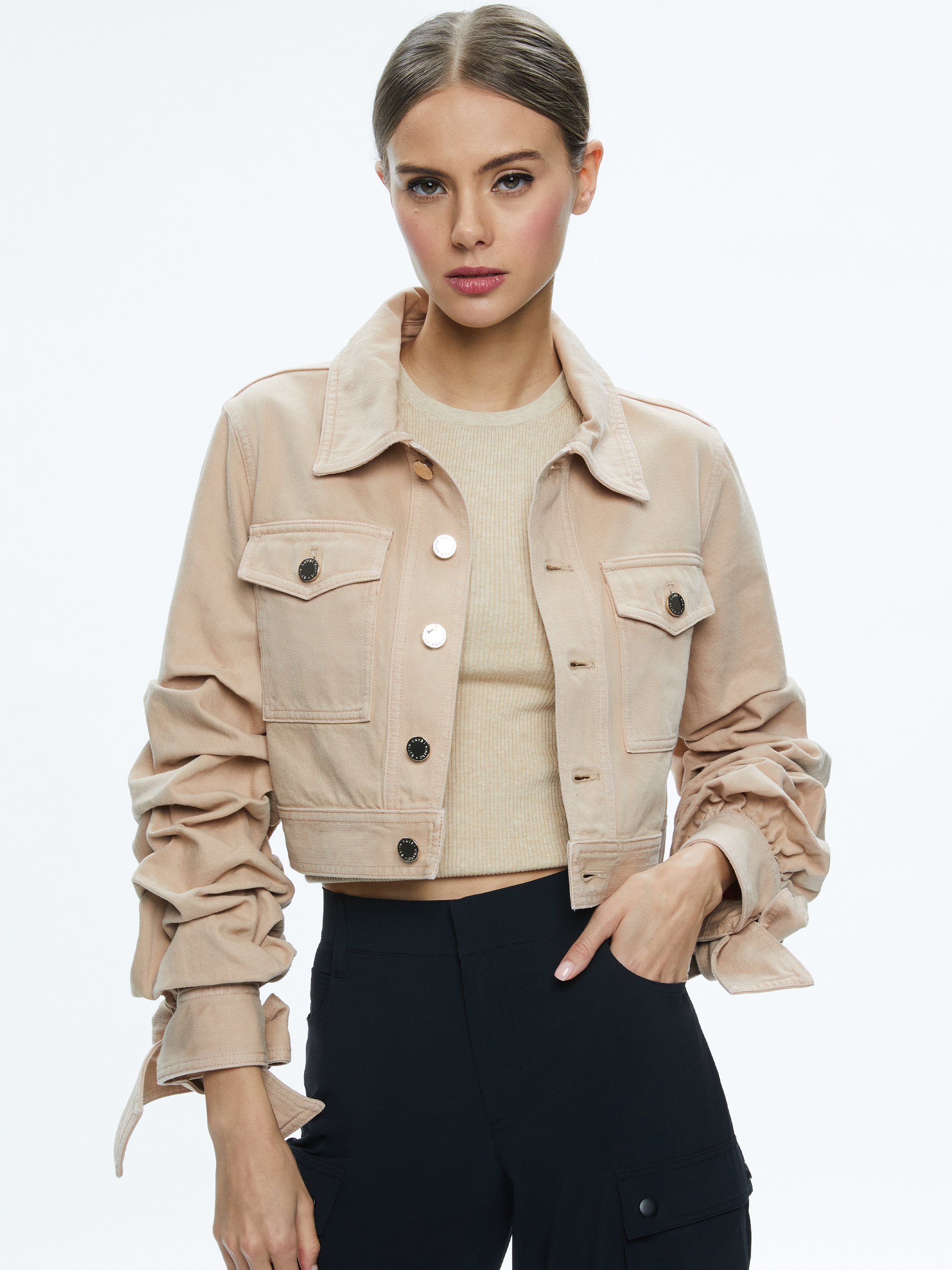 Tiff Denim Jacket With Bow Sleeve In Almond | Alice + Olivia