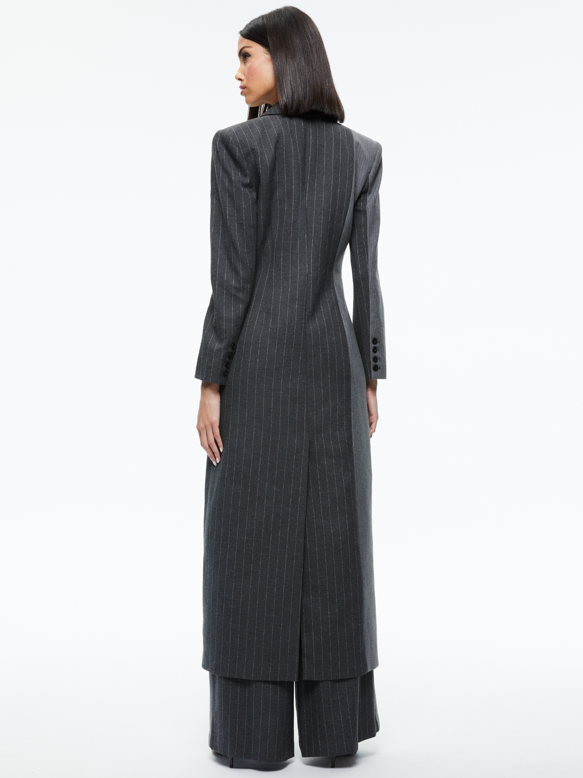 Bret Long Blazer In Grey/charcoal Pinstripe | Alice + Olivia