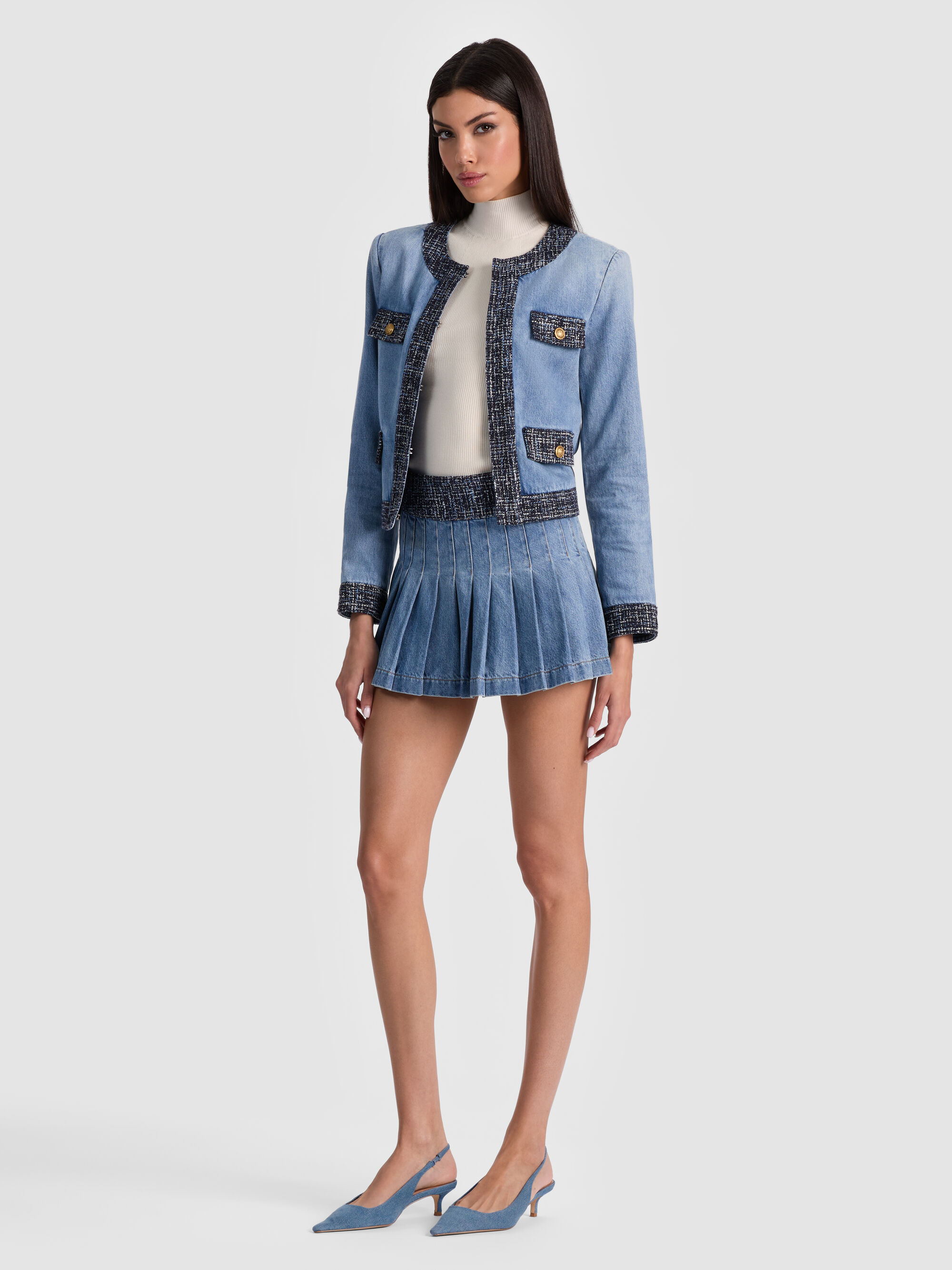 LANDON CROPPED DENIM JACKET in CELINE VINTAGE | ALICE + OLIVIA
