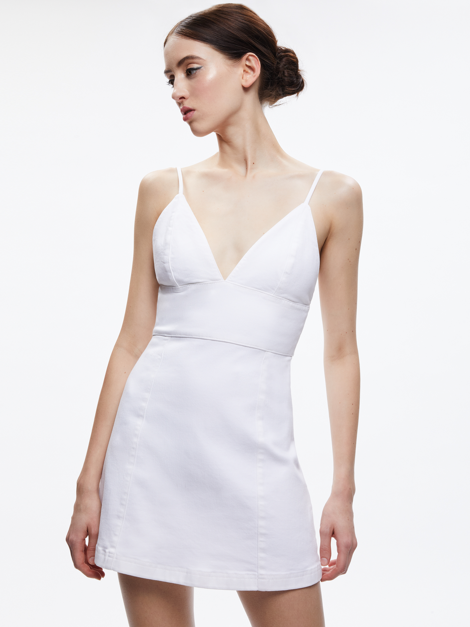 Carli Spaghetti Strap Denim Mini Dress In White | Alice + Olivia