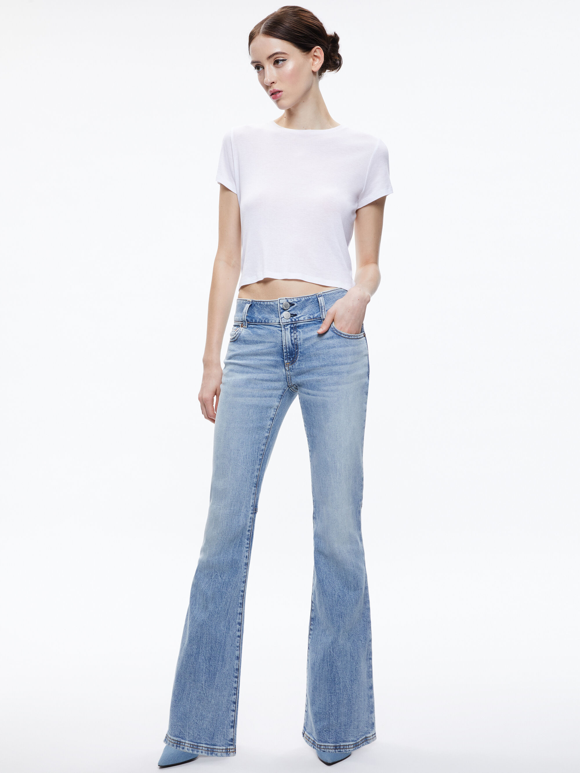 STACEY LOW RISE BELL BOTTOM JEAN in BAY BLUE | ALICE + OLIVIA