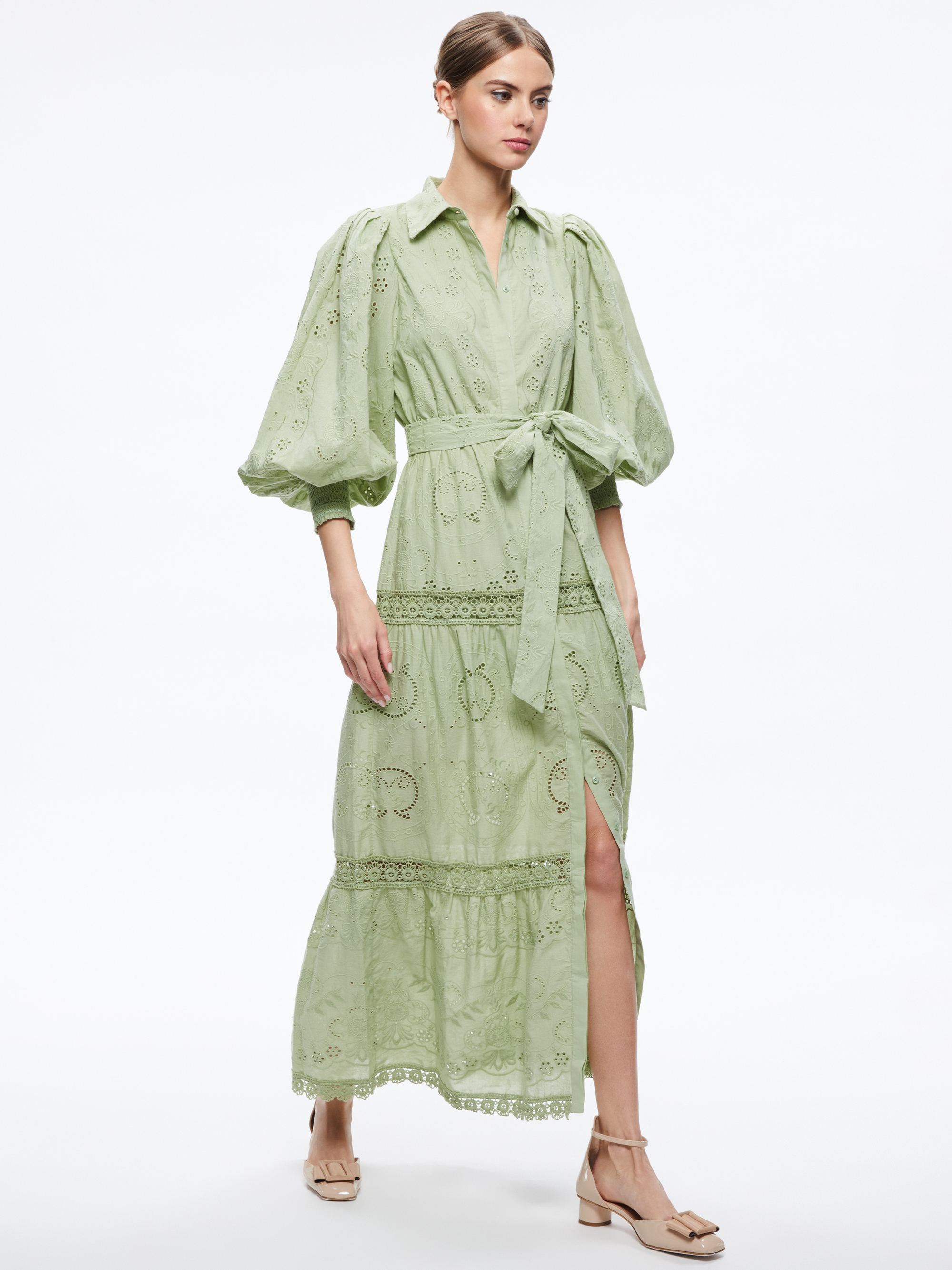 Lilly Collared Eyelet Maxi Dress In Green Tea | Alice + Olivia