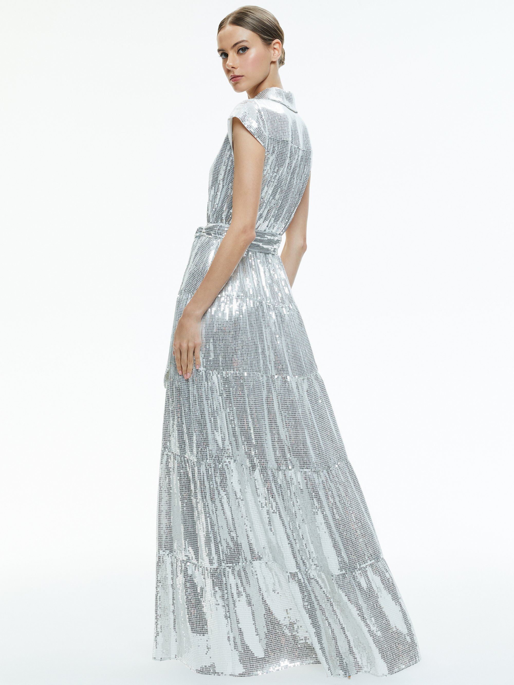 Miranda Embellished Tiered Maxi Dress In Silver | Alice + Olivia