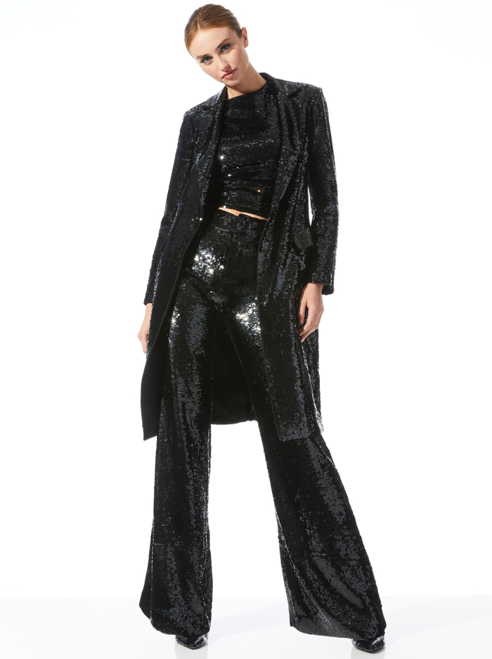 MACEY SEQUIN LONG BLAZER + DELAINA EMBELLISHED LONG SLEEVE CREW NECK ...