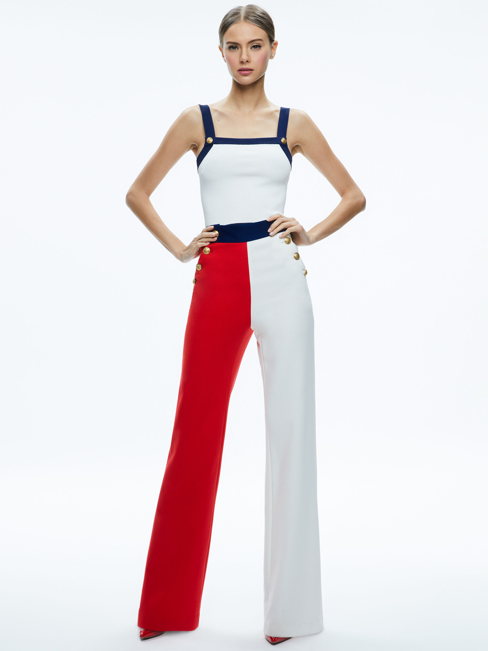 NARIN HIGH RISE BUTTON FRONT PANT in BRIGHT RUBY/OFF WHITE/INDIGO ...