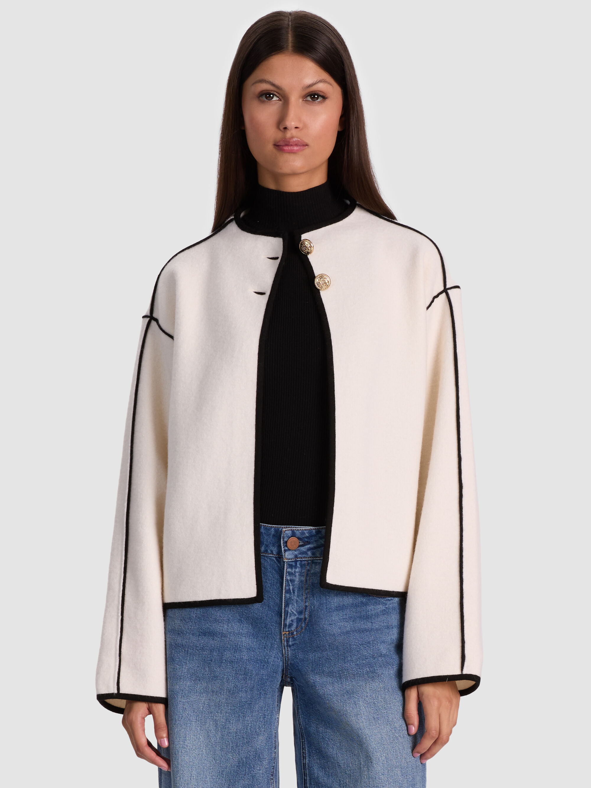 PEARSON SWEATER JACKET in SOFT WHITE/BLACK | ALICE + OLIVIA