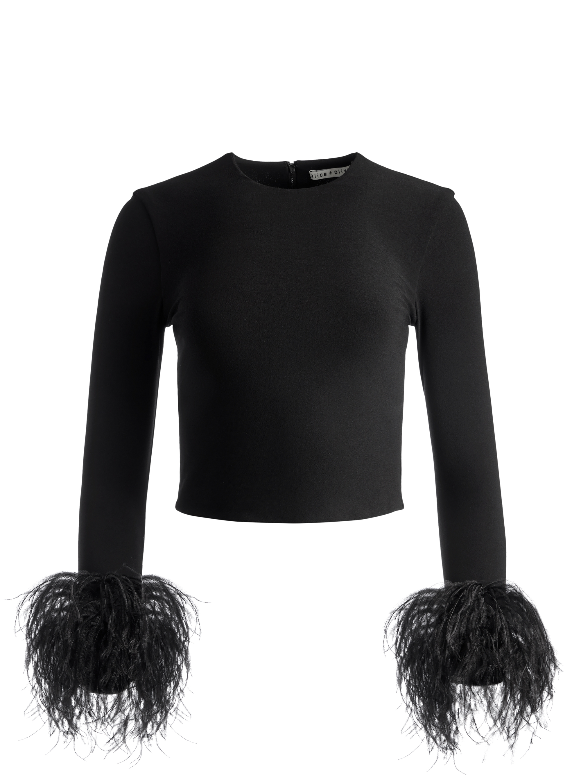 Delaina Feather Cuff Sleeve Top In Black | Alice + Olivia