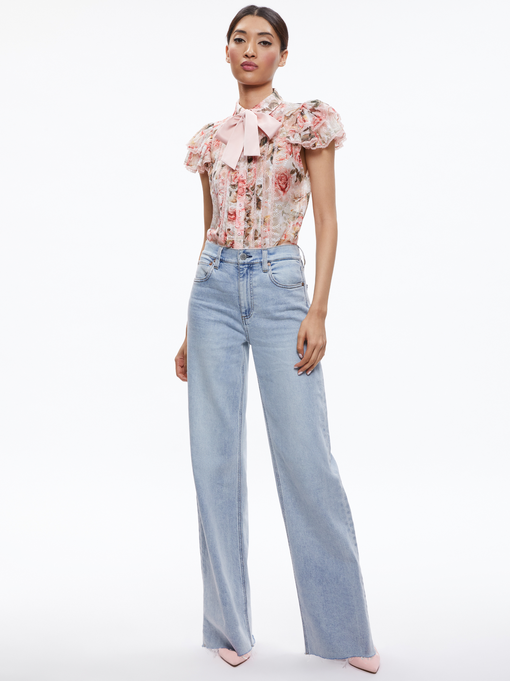 Minda Ruffle Sleeve Blouse With Tie Neck In Morningside Floral White ...