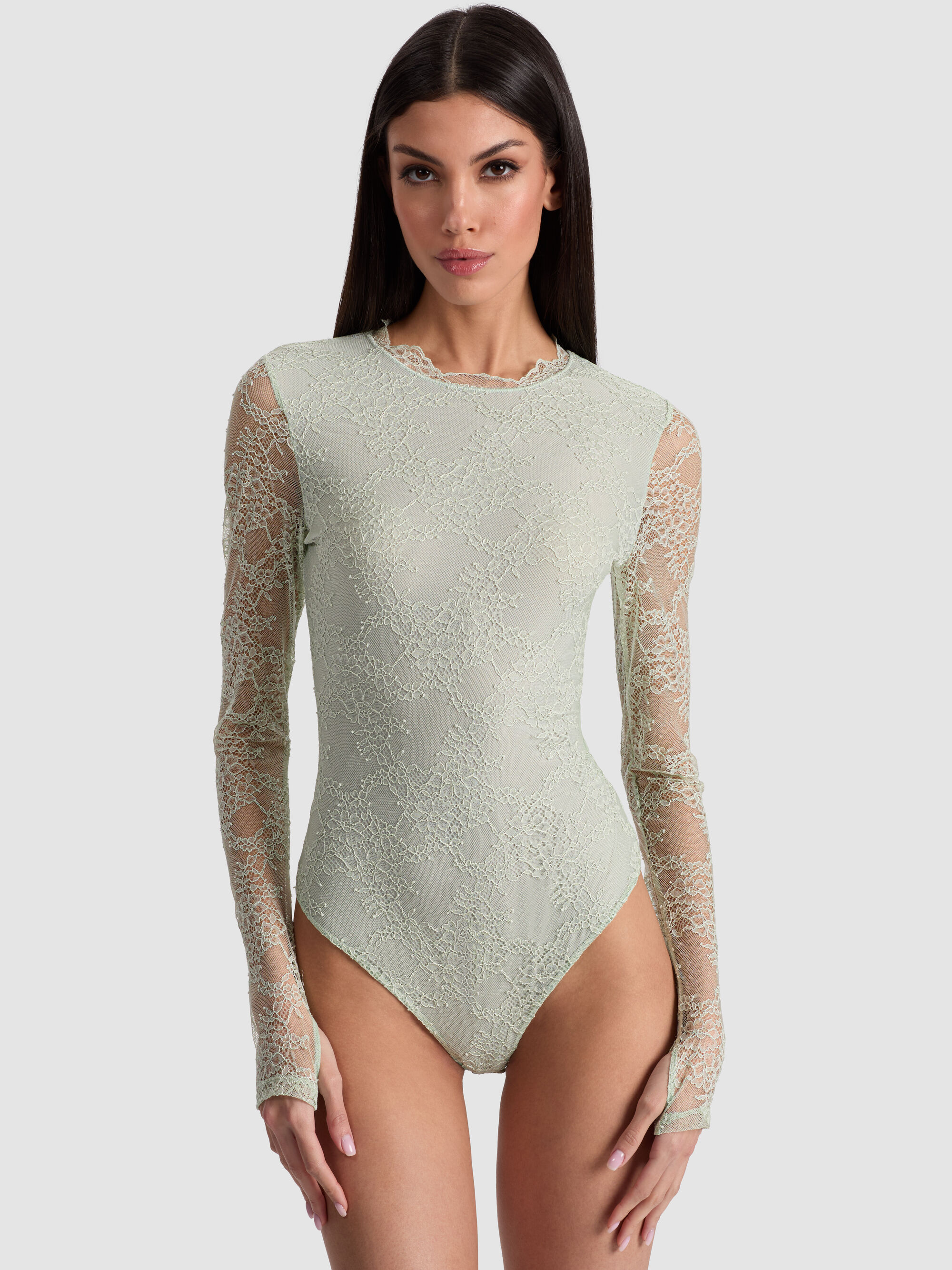 TAEYN LACE BODYSUIT in GREEN TEA | ALICE + OLIVIA
