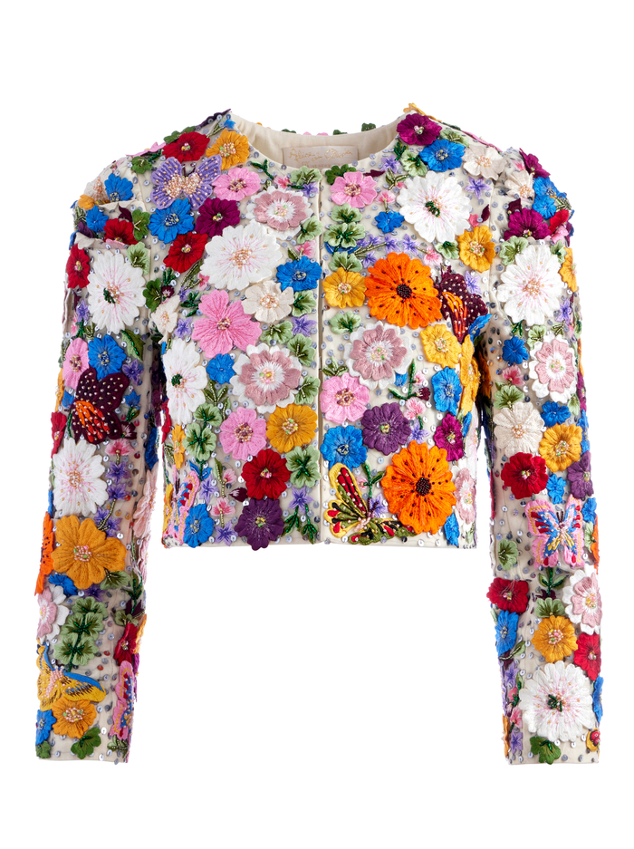 LORNA CROPPED FLORAL APPLIQUE JACKET in CREAM/MULTI | ALICE + OLIVIA