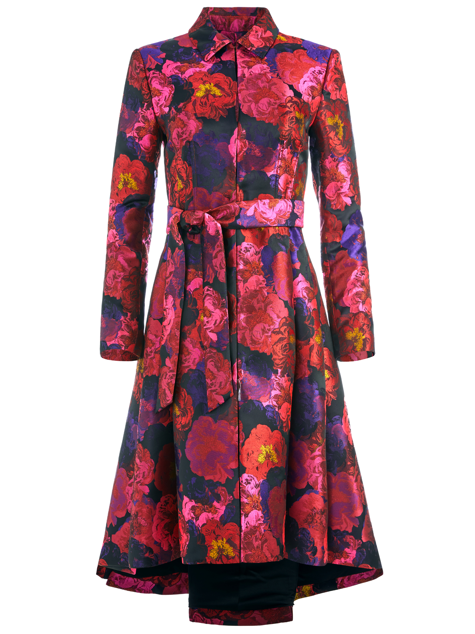 Bain Floral High Low Coat In Black/multi | Alice + Olivia