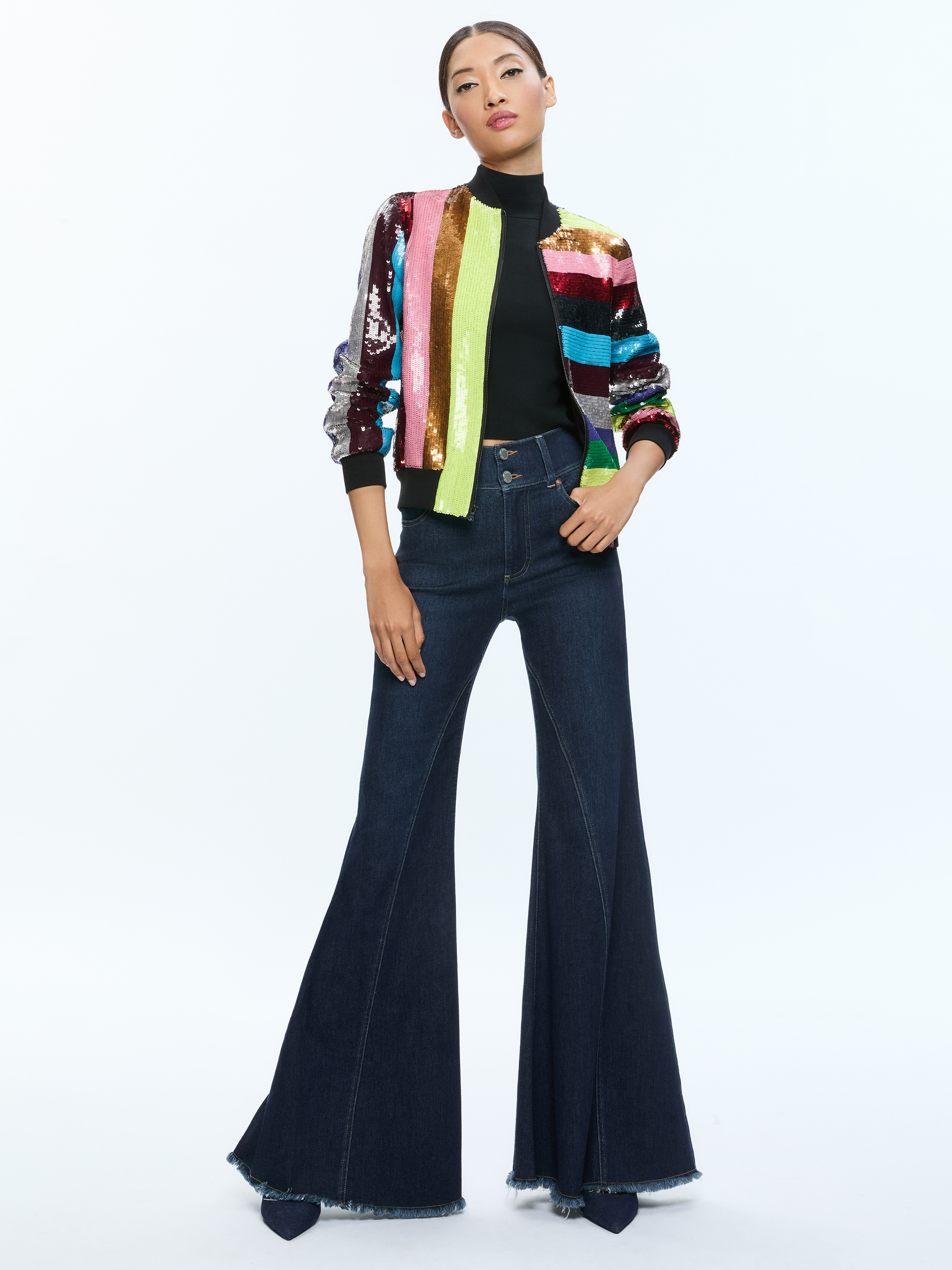 Lonnie Sequin Cropped Varsity Jacket In Multi | Alice + Olivia