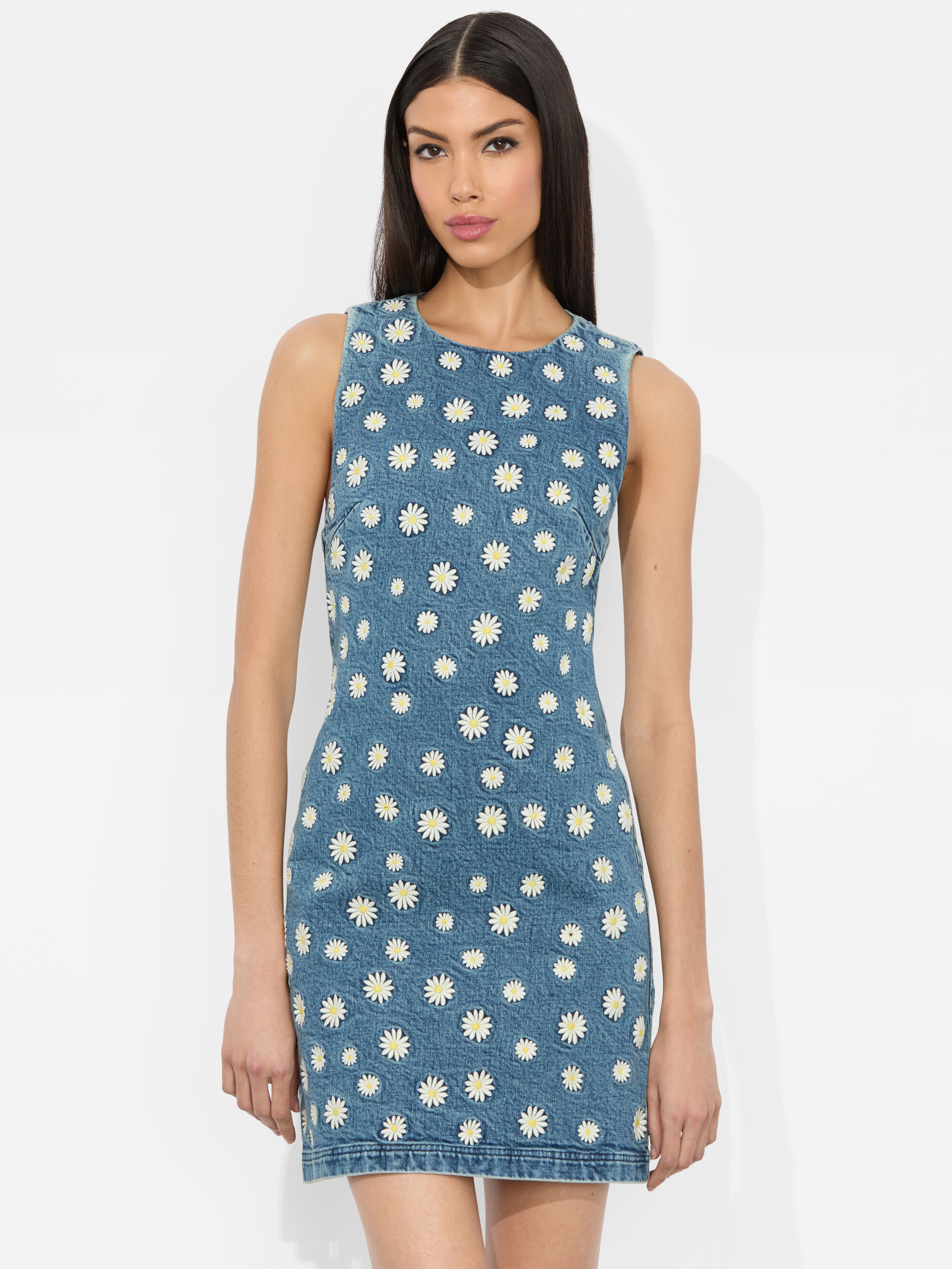 WYNELL EMBROIDERED MINI DRESS in MEDIUM WASH | ALICE + OLIVIA