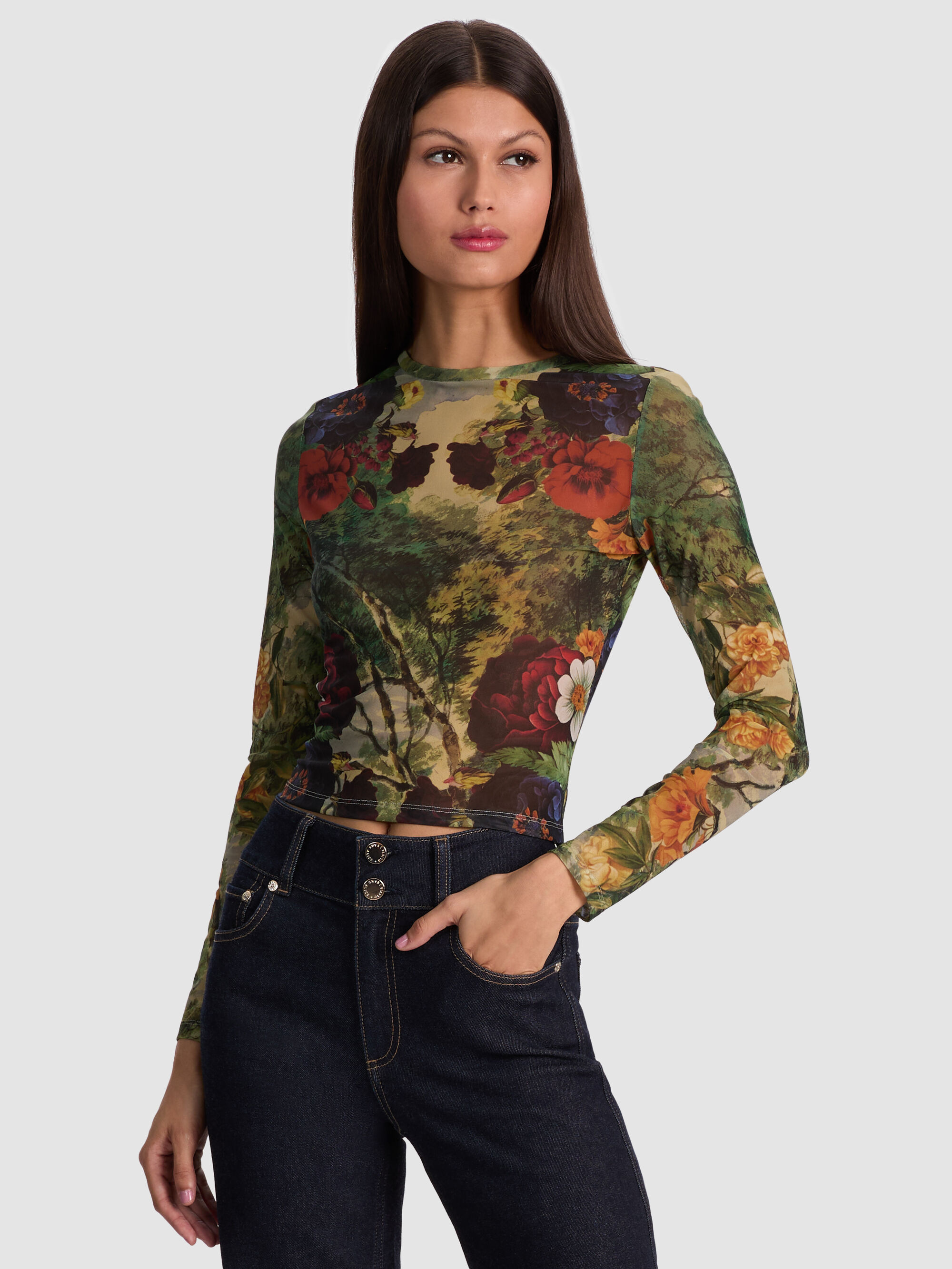 DELAINA MESH TOP in FORBIDDEN FOREST | ALICE + OLIVIA