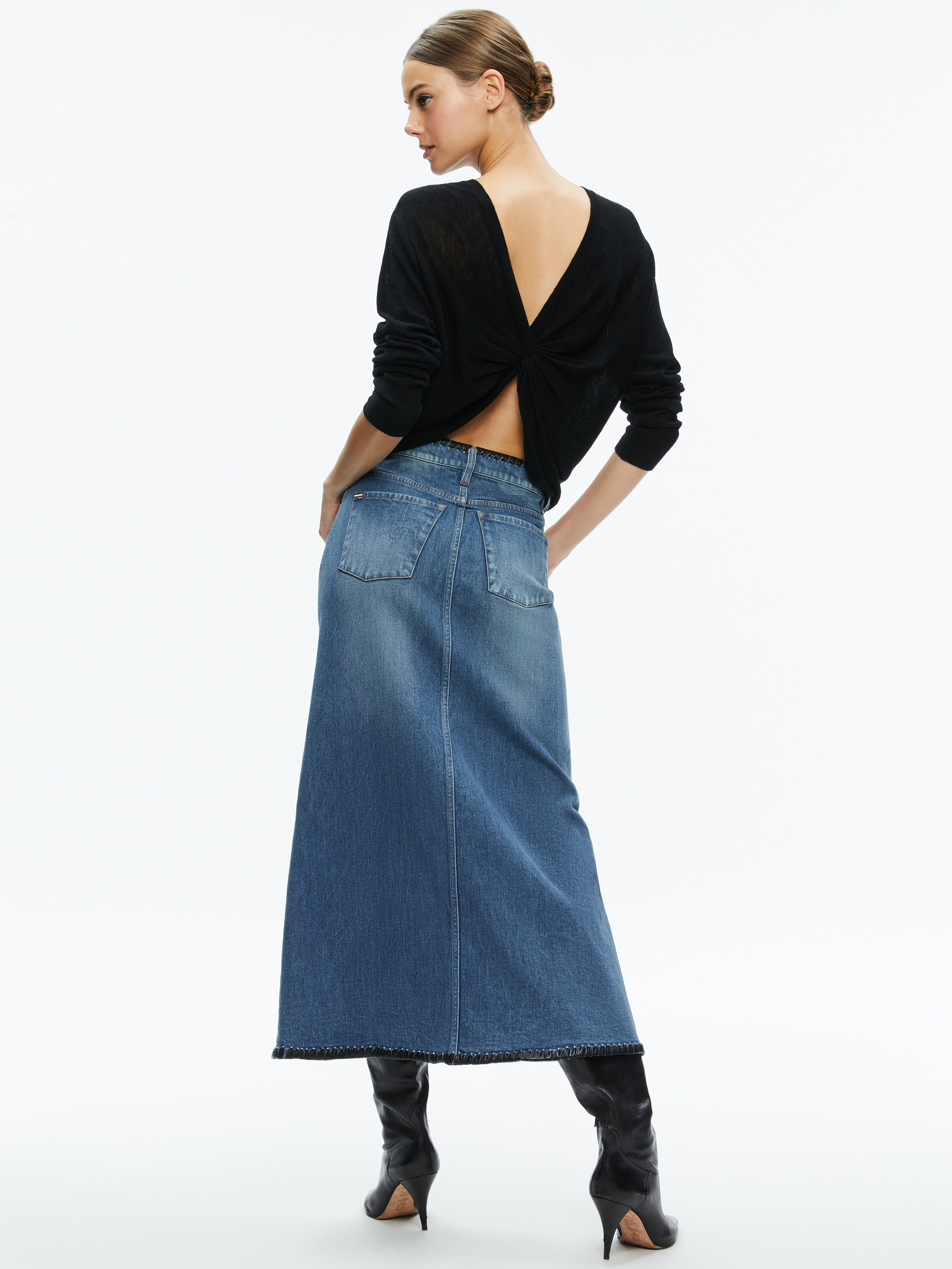 Rye Denim Maxi Skirt With Vegan Leather In Lola Blue/black | Alice + Olivia