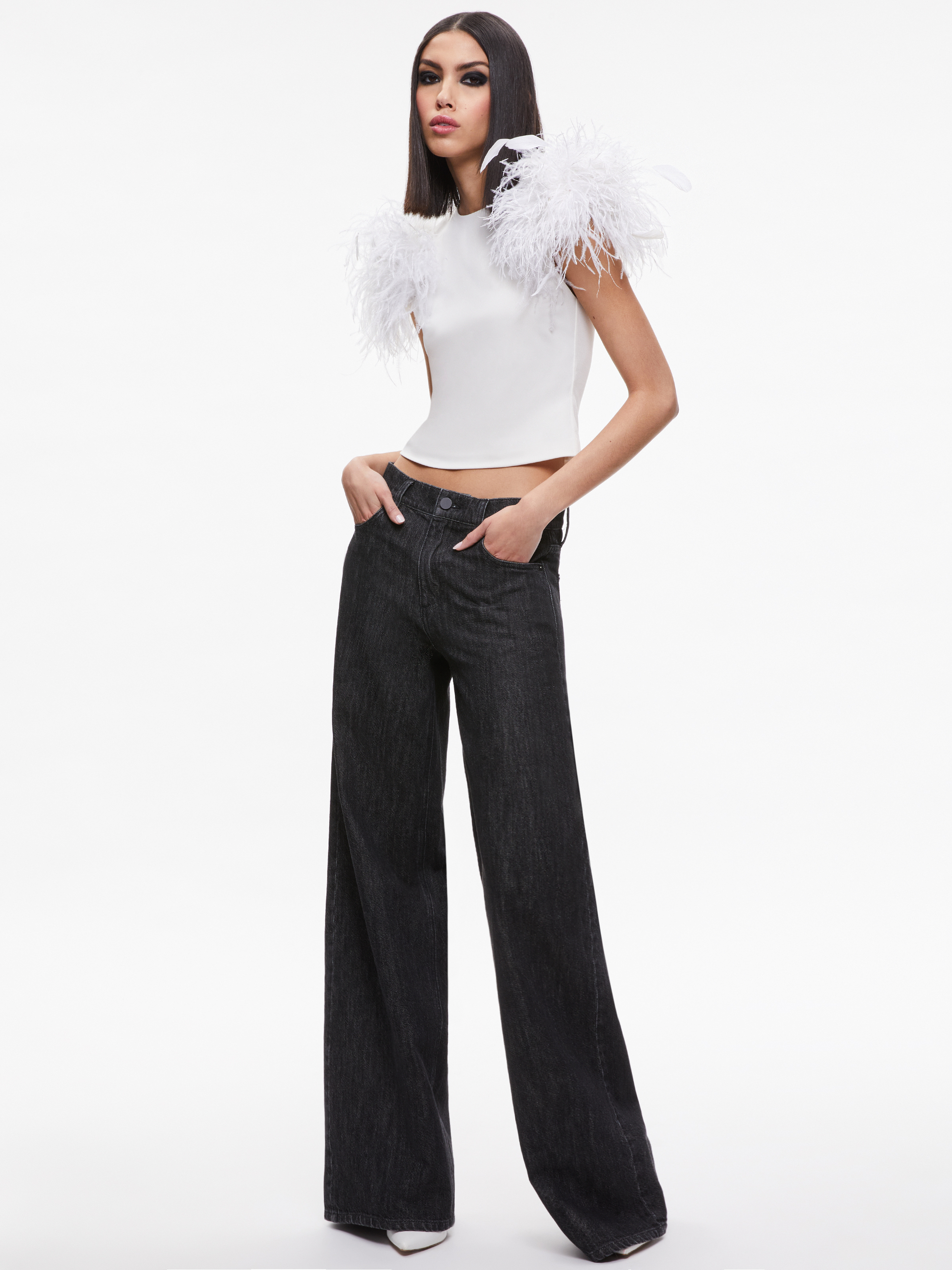 Tamica Feather Detail Top In Ecru | Alice + Olivia