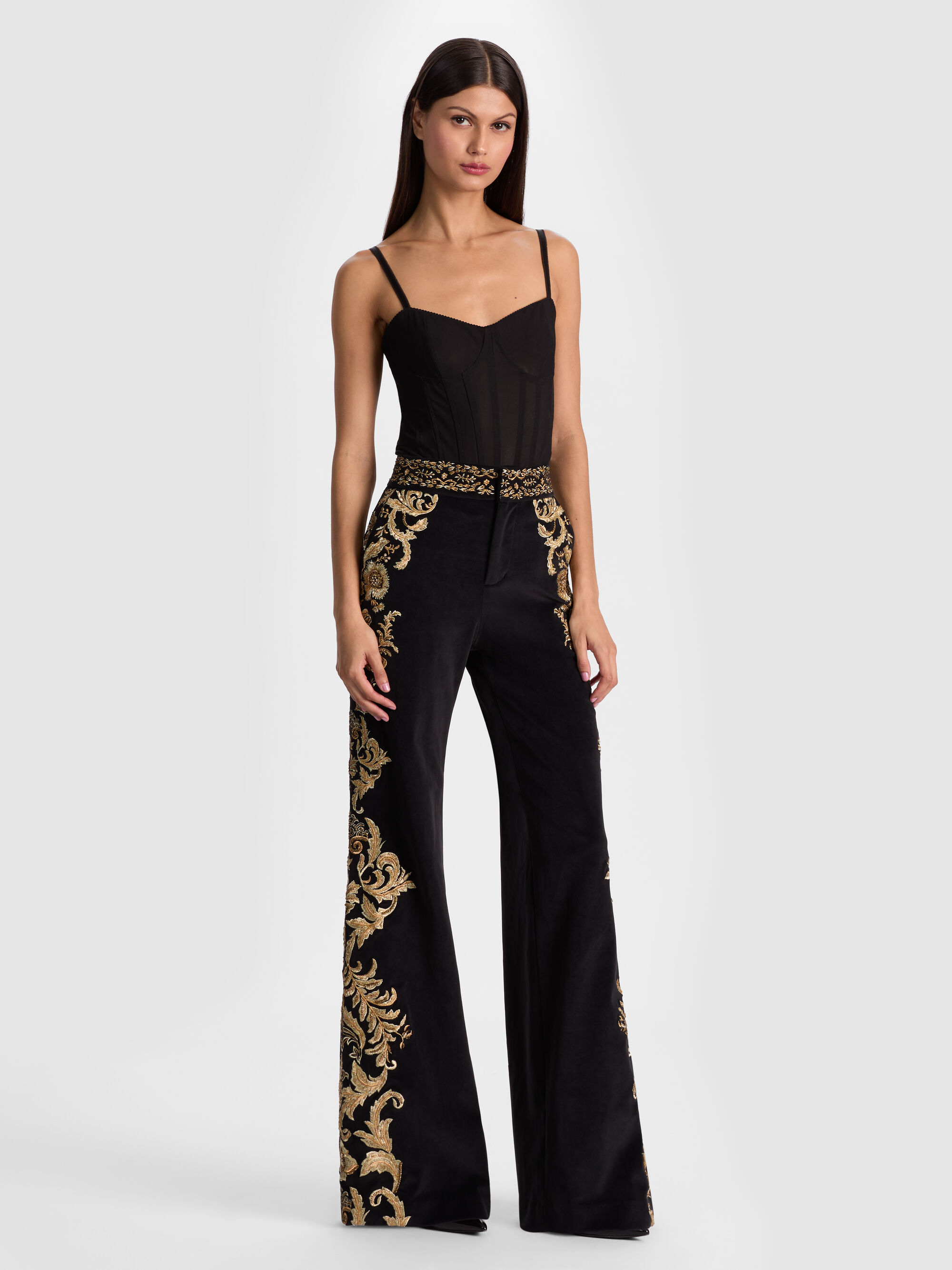 DYLAN EMBROIDERED VELVET PANT in BLACK/GOLD | ALICE + OLIVIA