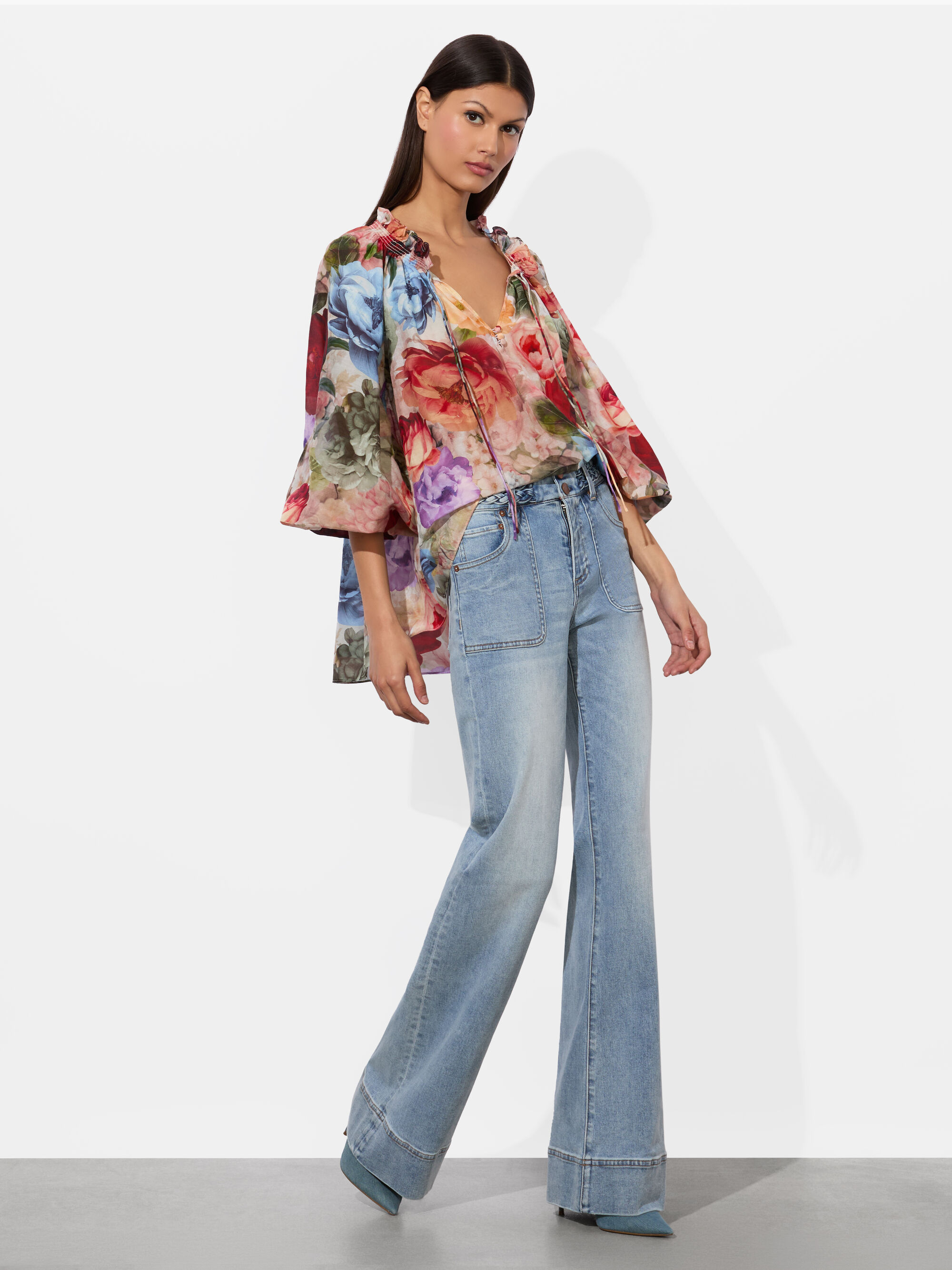 NORAH PEASANT BLOUSE in STORM FLORAL SM | ALICE + OLIVIA