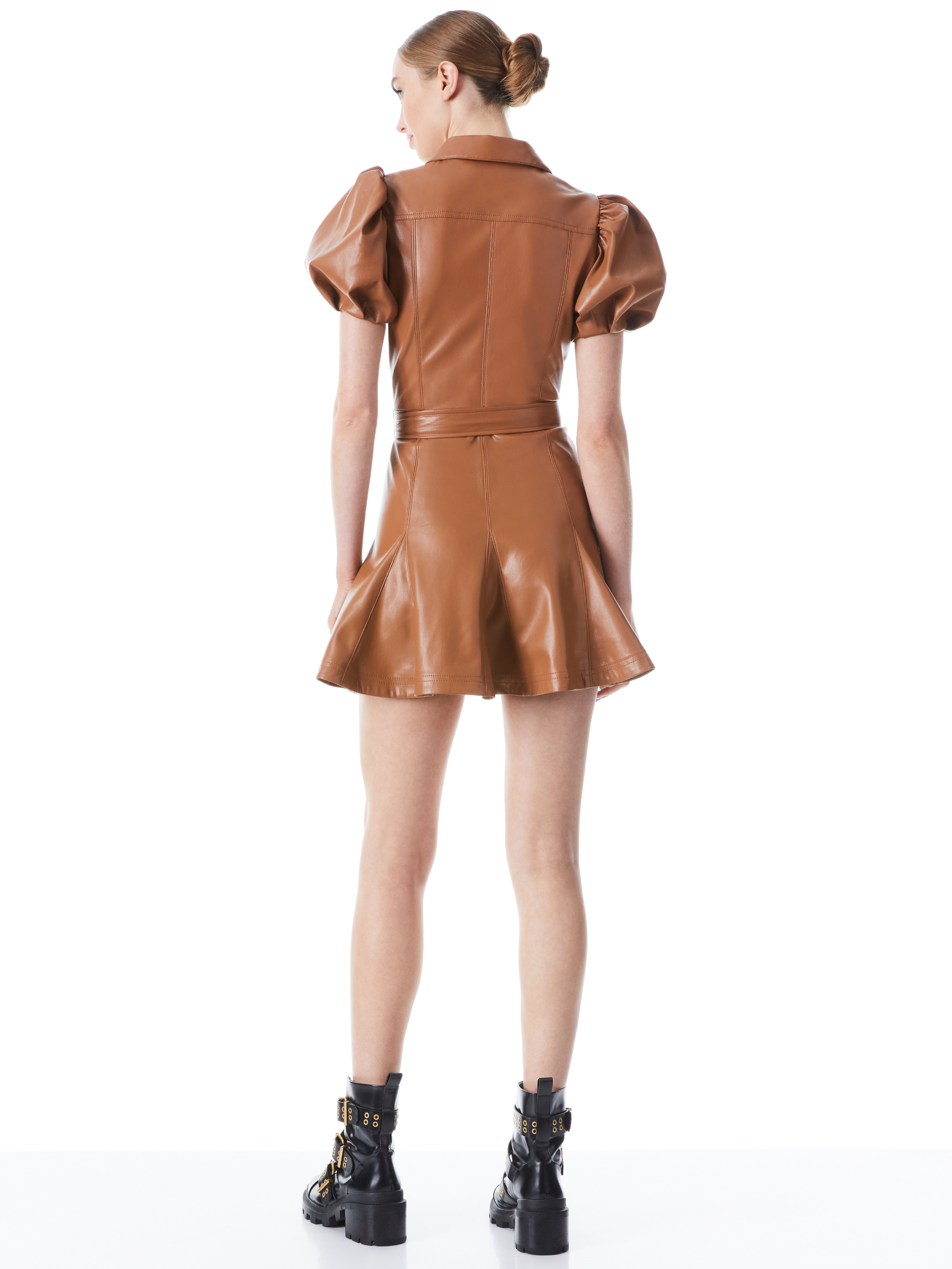 Ofra Vegan Leather Mini Dress With Tie Belt In Camel | Alice + Olivia
