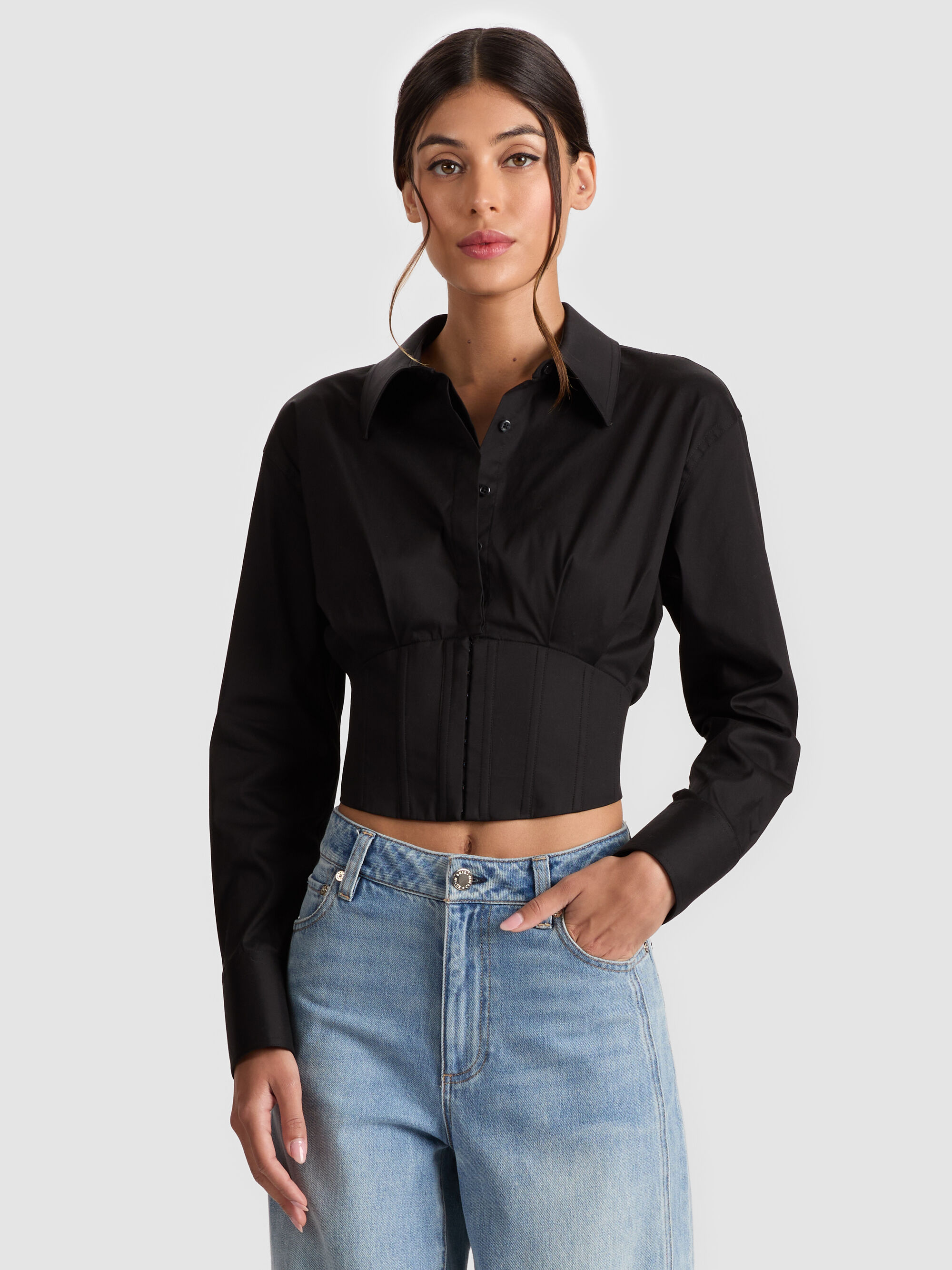 Edie Corset Button Down In Black | Alice + Olivia