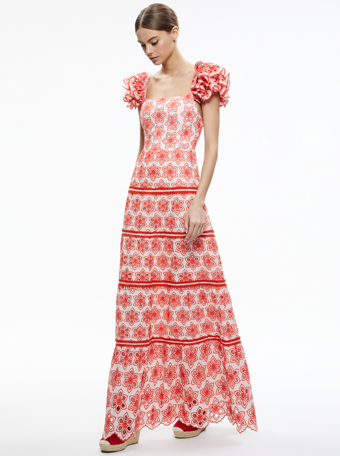 TAWNY EYELET SQUARE NECK MAXI DRESS in MULTI | ALICE + OLIVIA