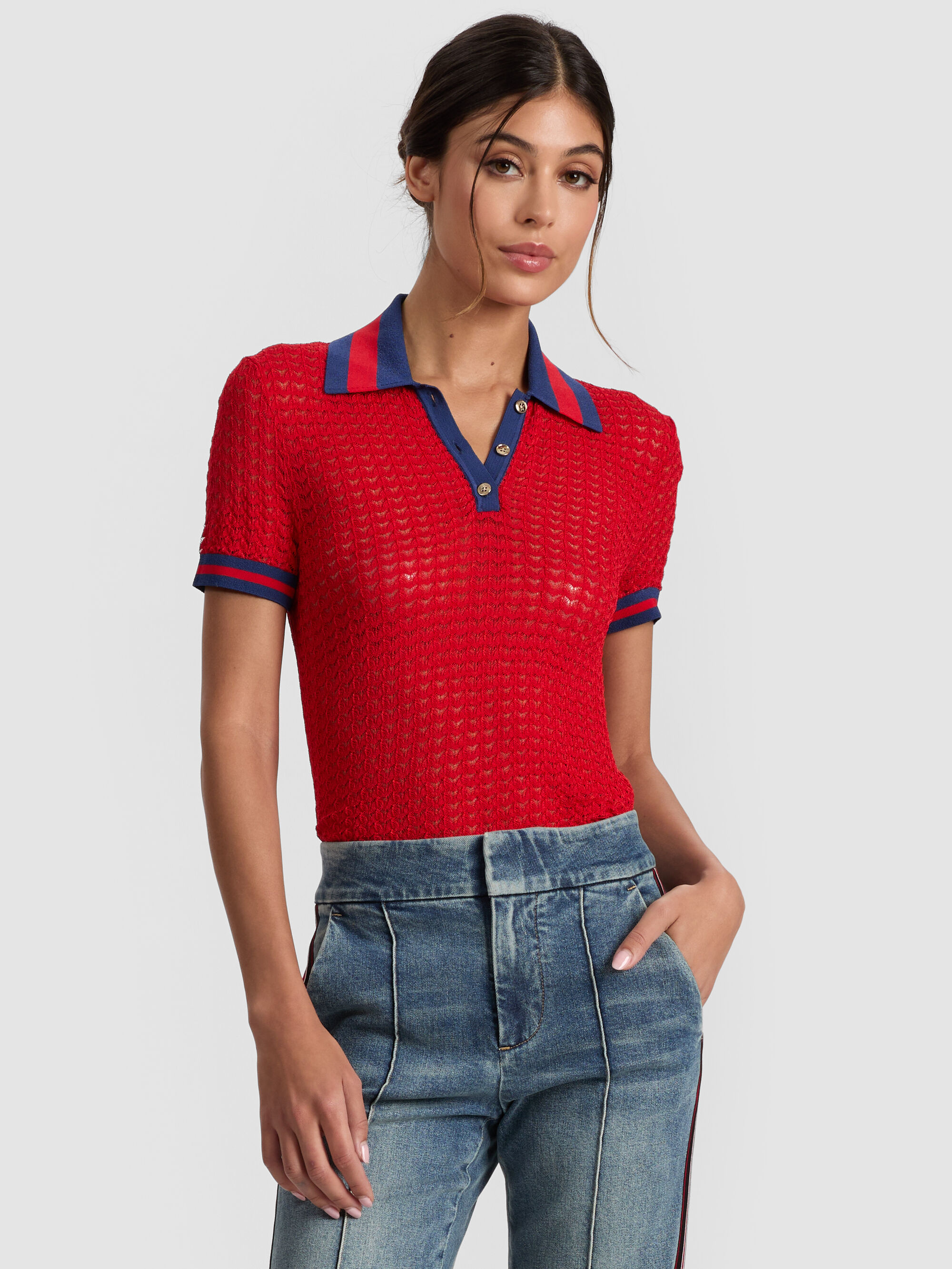 Martha Pointelle Polo In Bright Ruby/indigo | Alice + Olivia