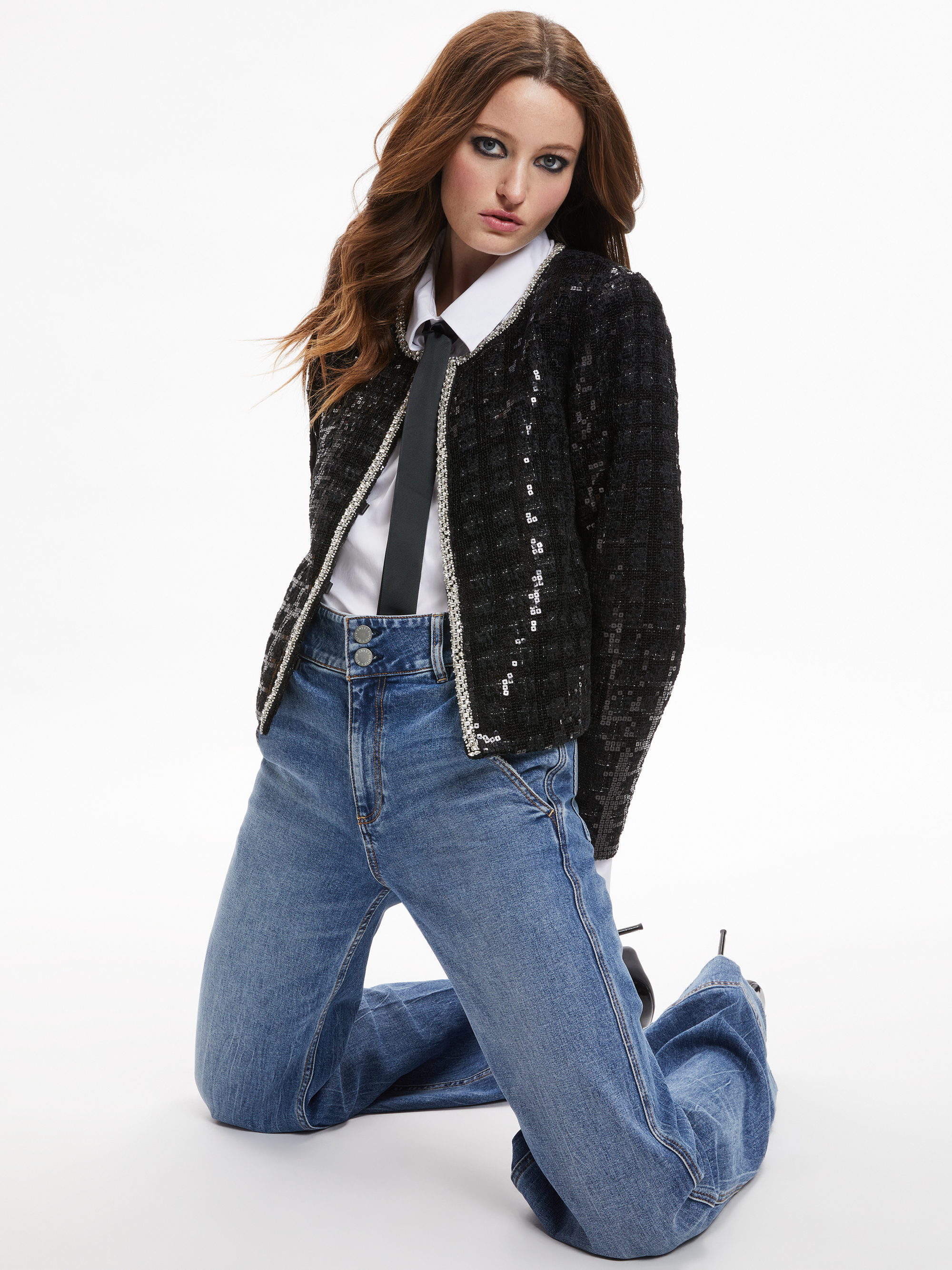 Kidman Sequin Tweed Jacket In Black | Alice + Olivia