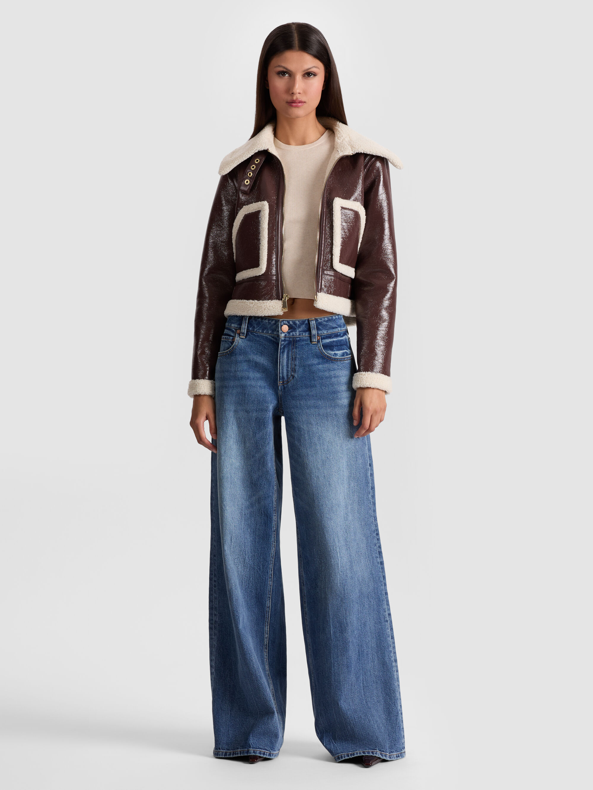 ISAIAH FAUX SHEARLING JACKET in DARK CHOCOLATE/CREAM | ALICE + OLIVIA