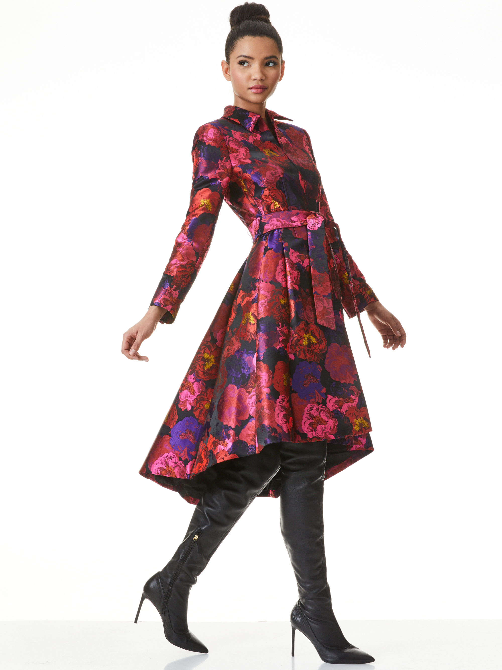 Bain Floral High Low Coat In Black/multi | Alice + Olivia