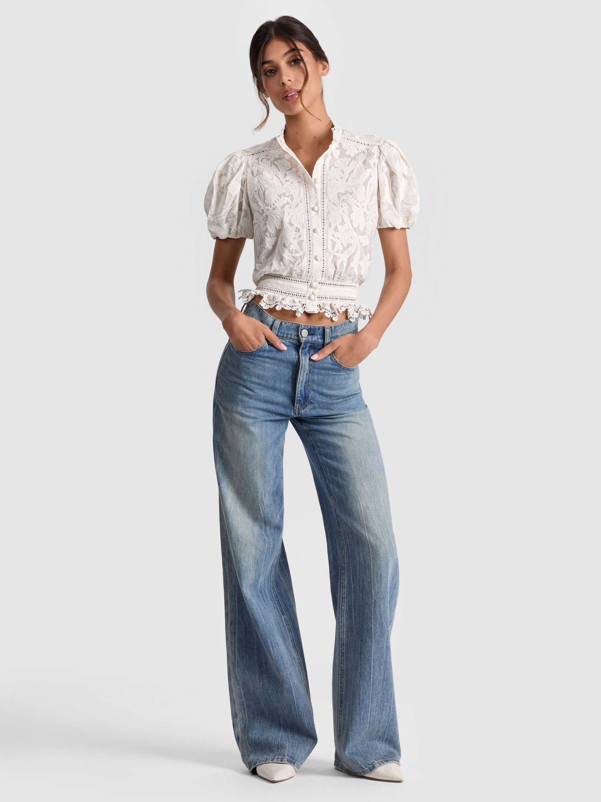 LORYN EMBROIDERED BLOUSE in OFF WHITE | ALICE + OLIVIA
