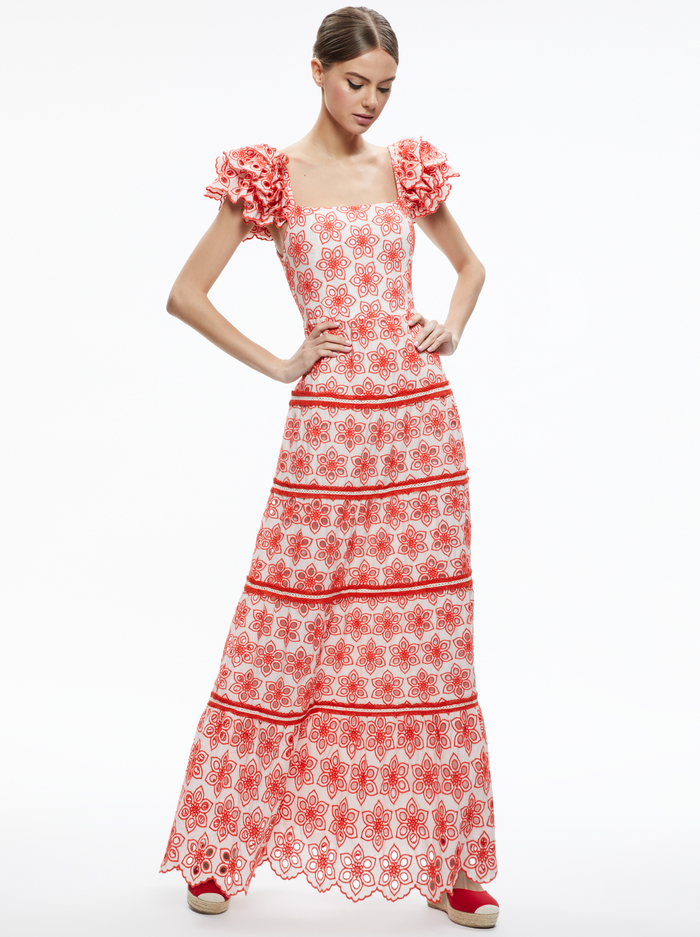 TAWNY EYELET SQUARE NECK MAXI DRESS in MULTI | ALICE + OLIVIA