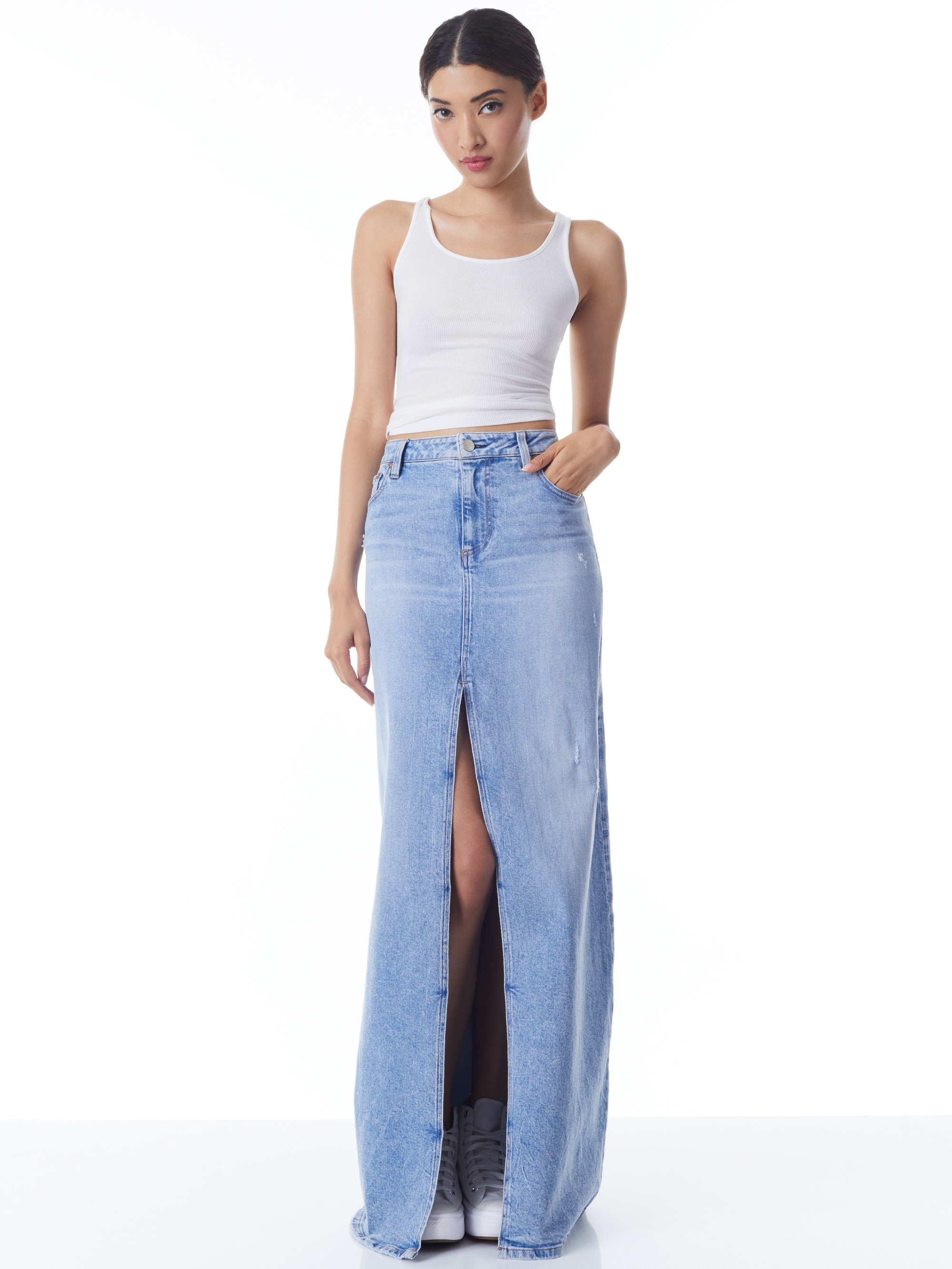 Rye High Waisted Denim Skirt In Lightning Blue | Alice + Olivia