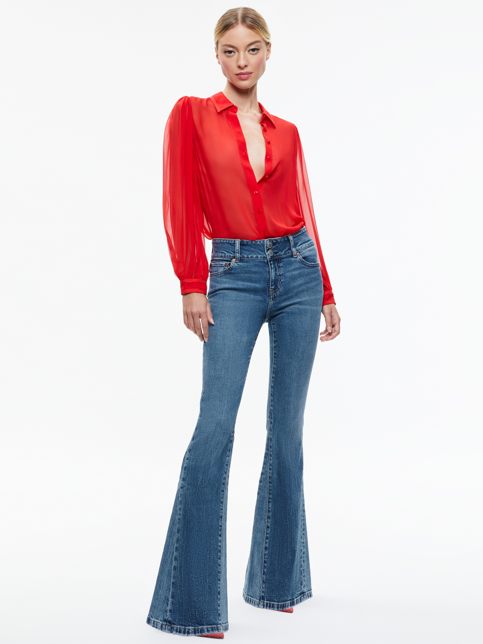 Roanne Button Down In Bright Ruby | Alice + Olivia