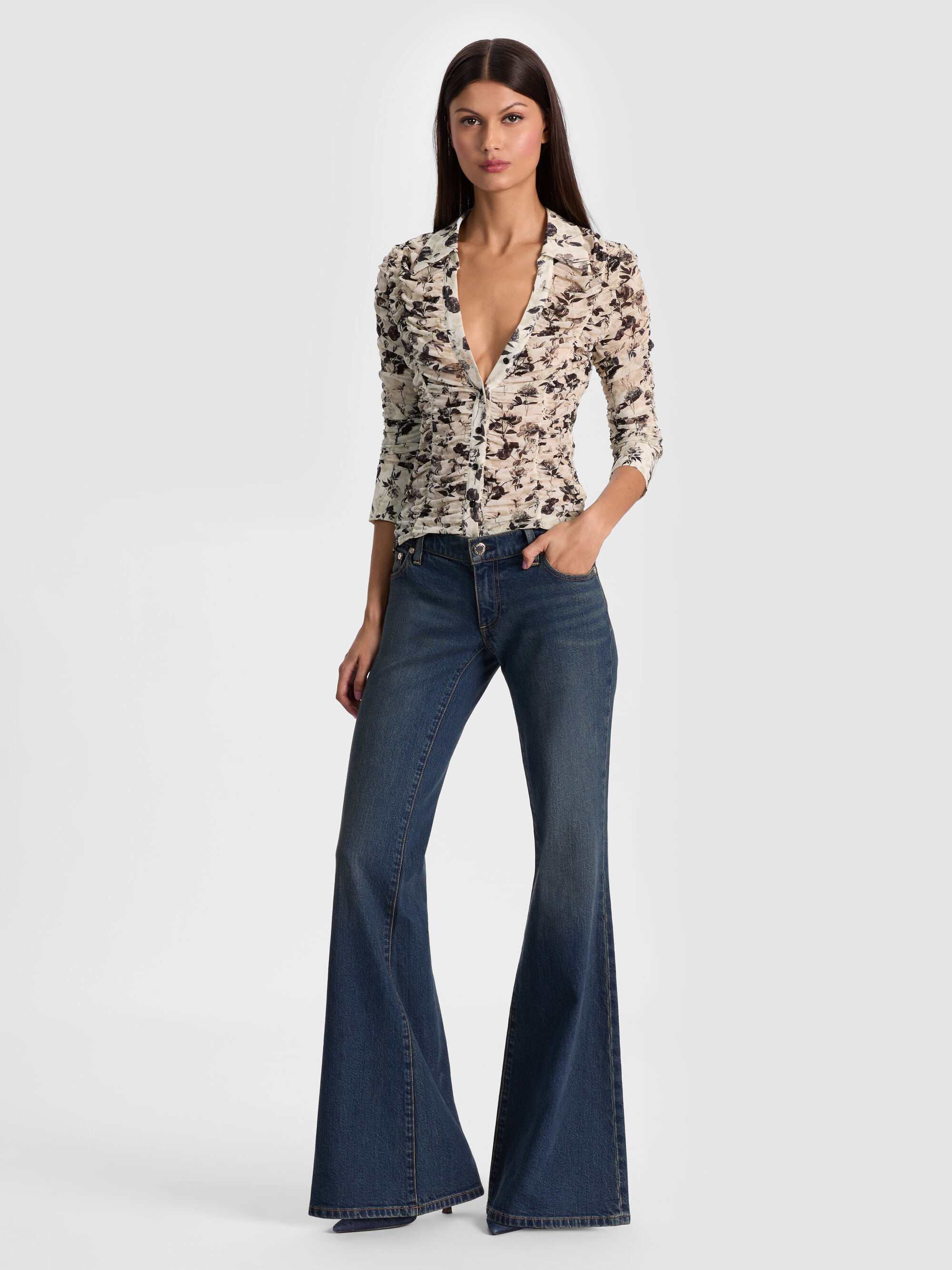 PORTIA MESH BUTTON DOWN in ARDEN FOREST SM | ALICE + OLIVIA