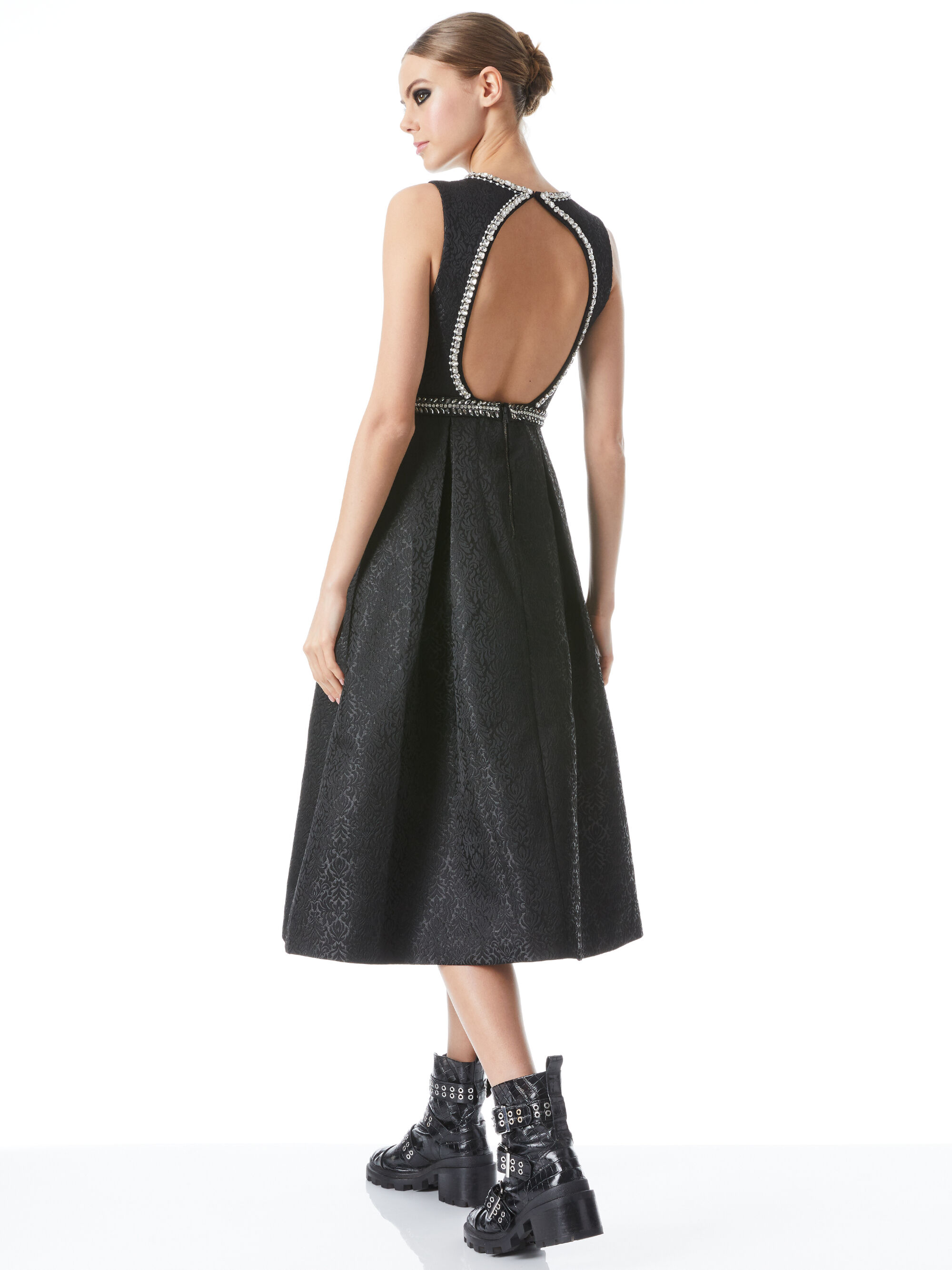 CHERRA PEARL NECK MIDI DRESS in BLACK | ALICE + OLIVIA