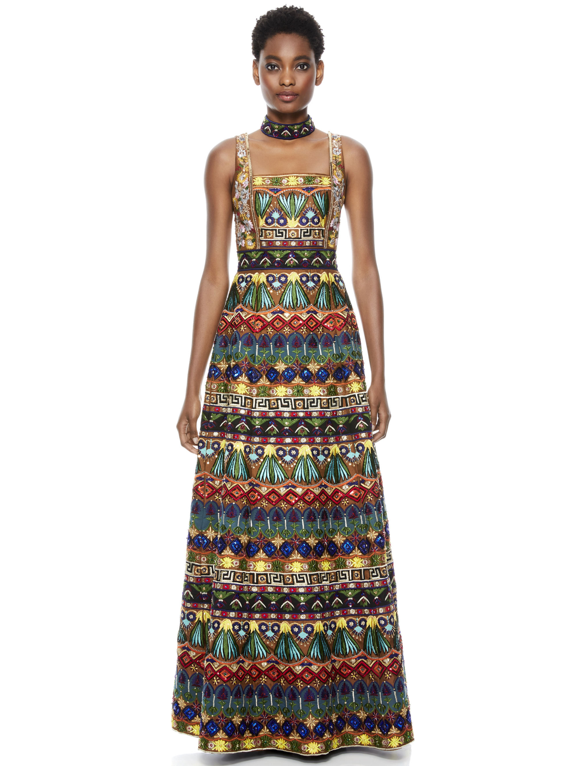 Marciela Beaded Gown With Choker In Brown Multi | Alice + Olivia