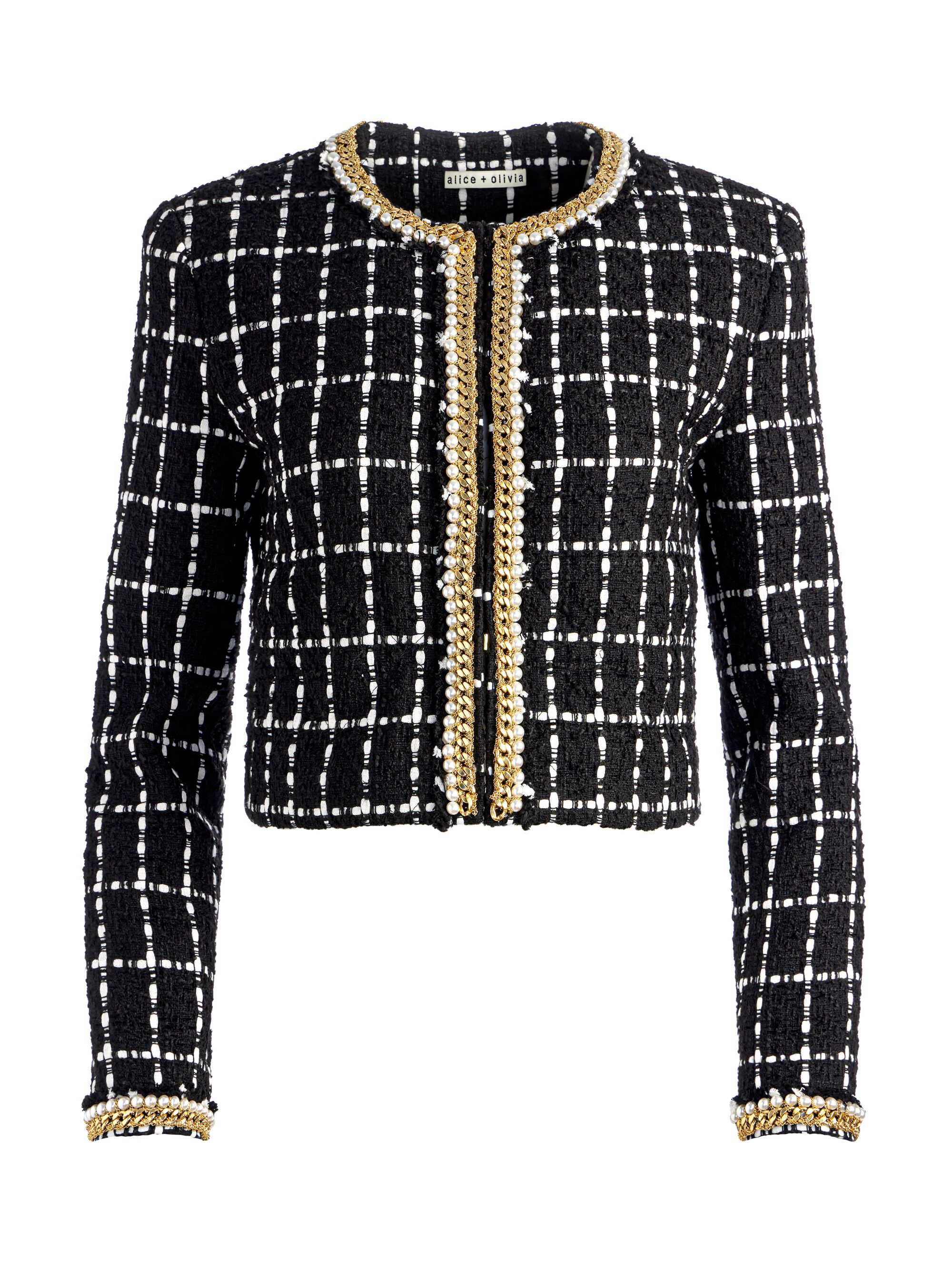 SABINA CHAIN TRIM TWEED JACKET in BLACK/ECRU | ALICE + OLIVIA