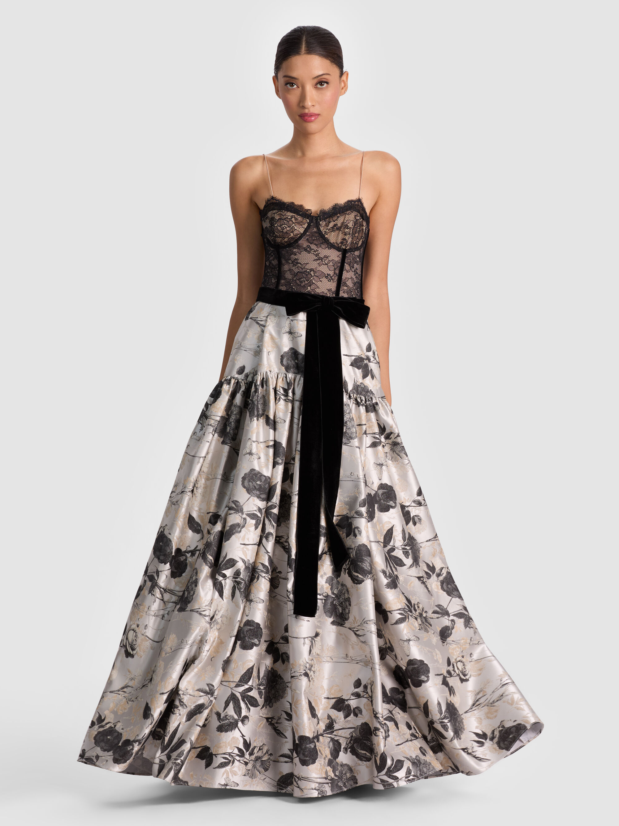 THERA TIERED GOWN in ARDEN FOREST/BLACK | ALICE + OLIVIA