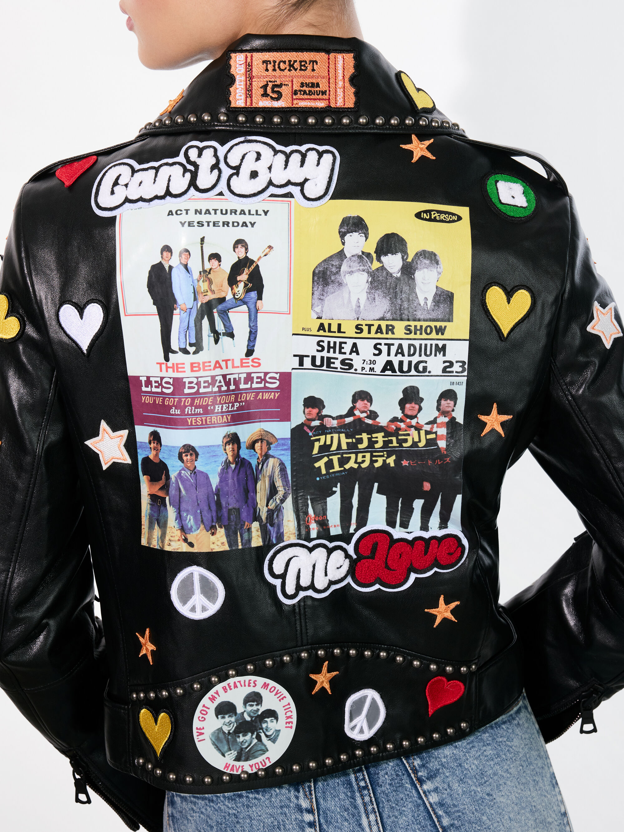 A+O X THE BEATLES CODY VEGAN LEATHER JACKET in BLACK MULTI | ALICE + OLIVIA