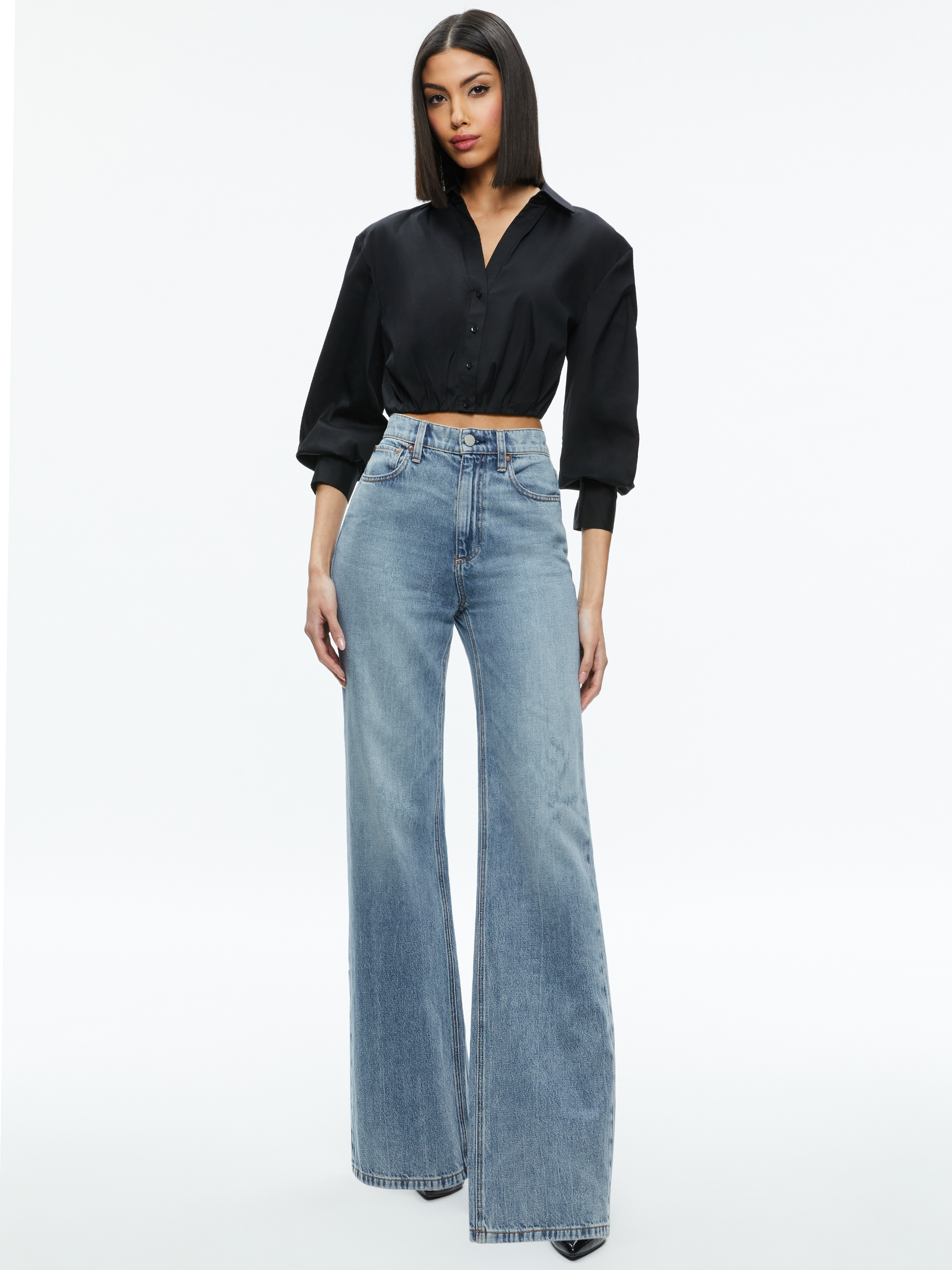 Trudy Cropped Button Down In Black | Alice + Olivia