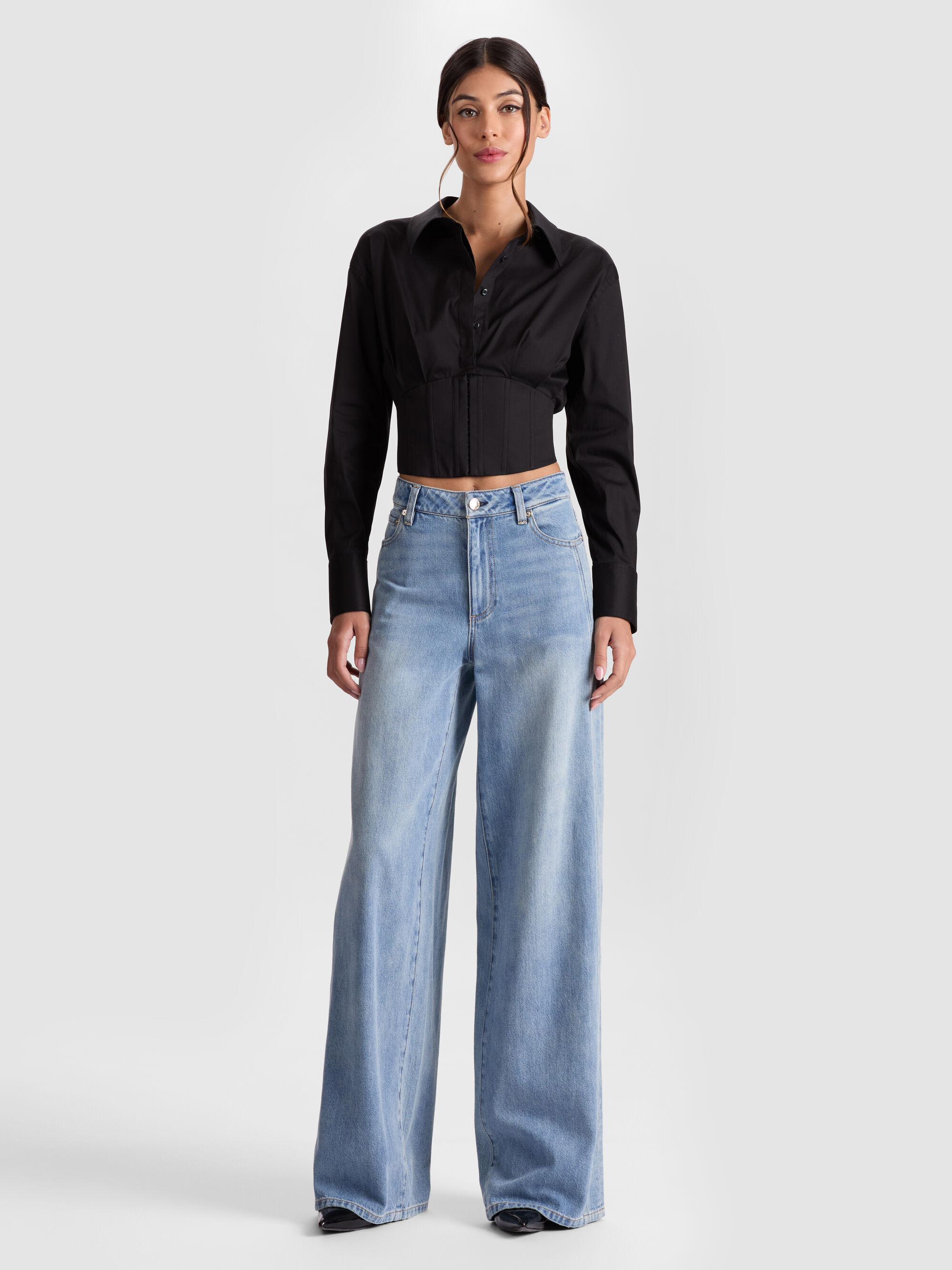 Edie Corset Button Down In Black | Alice + Olivia