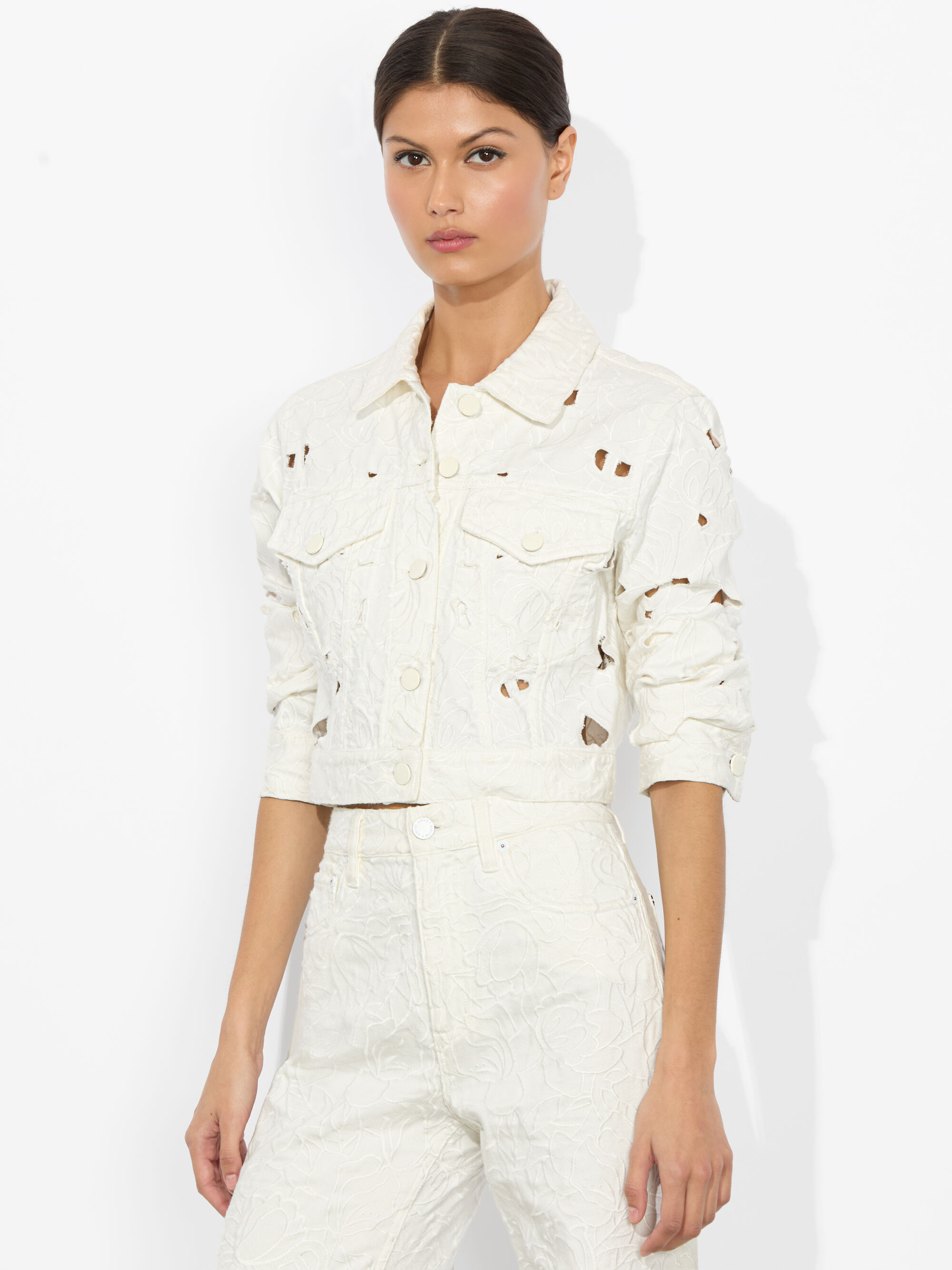CHLOE EYELET DENIM JACKET in OFF WHITE | ALICE + OLIVIA