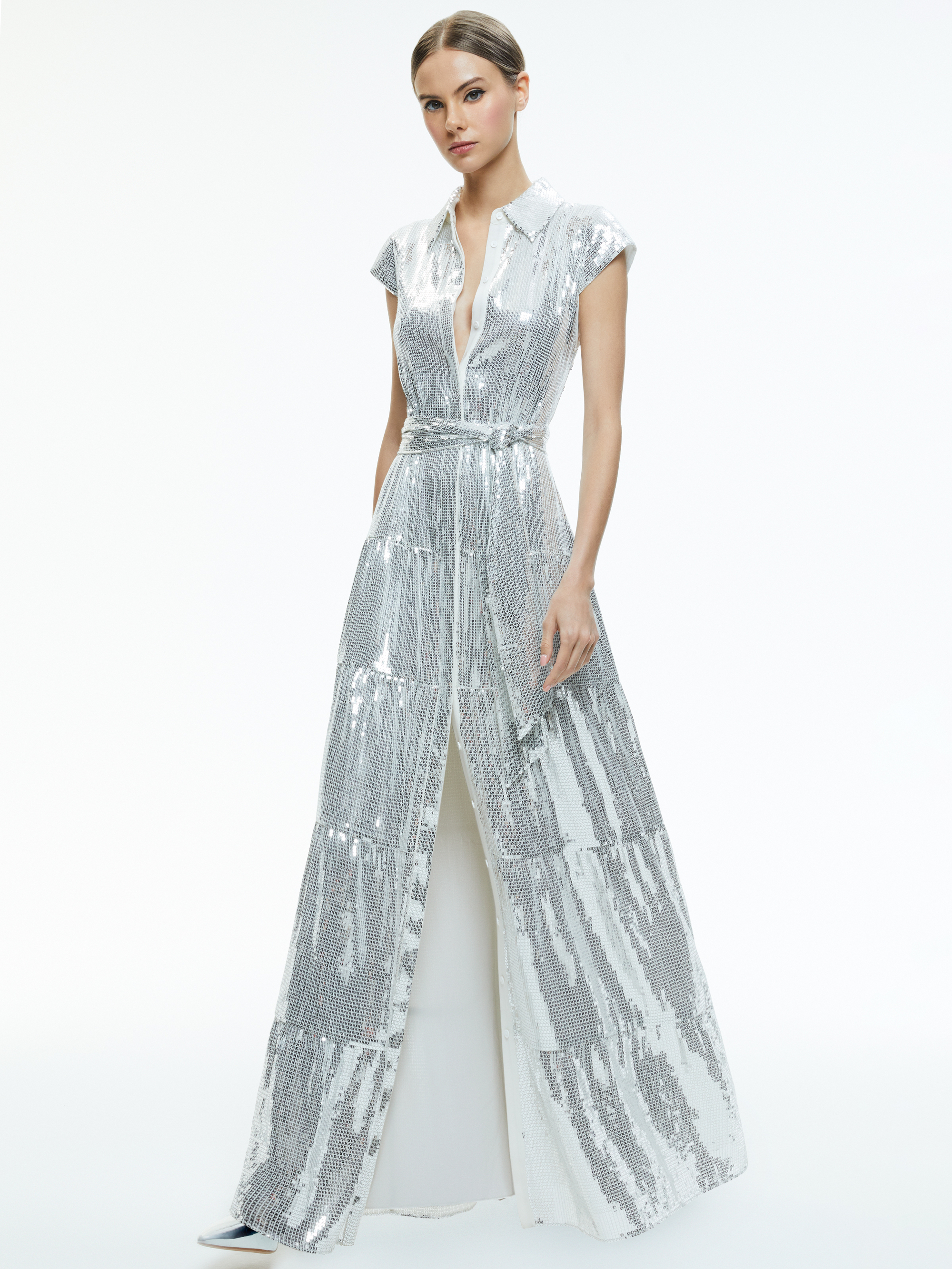 Miranda Embellished Tiered Maxi Dress In Silver | Alice + Olivia