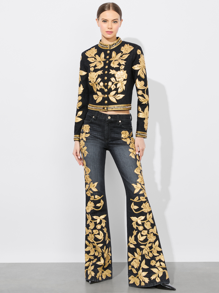 Emerson Denim Military Jacket In Maya Charcoal Black/gold | Alice + Olivia