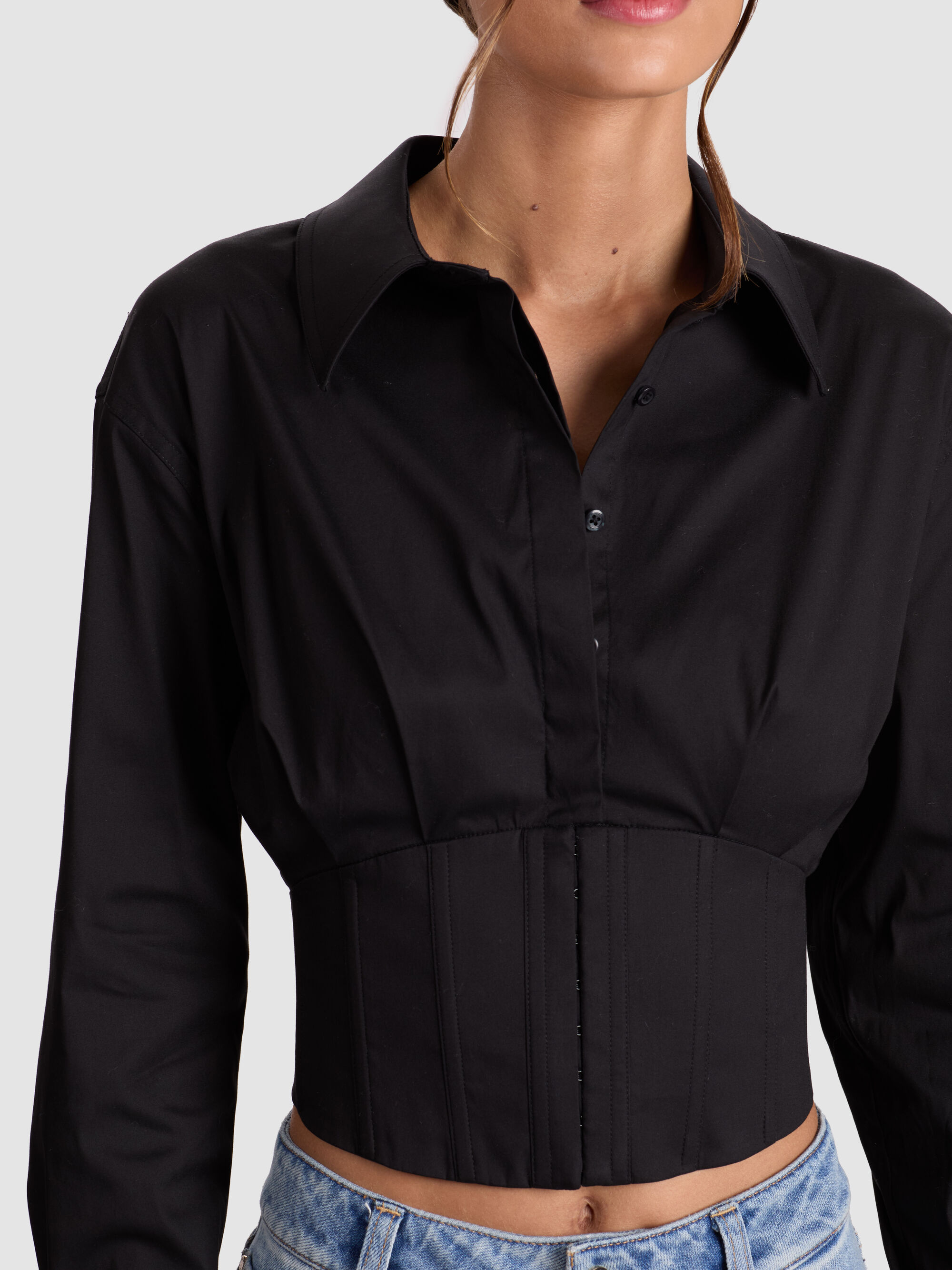 Edie Corset Button Down In Black | Alice + Olivia